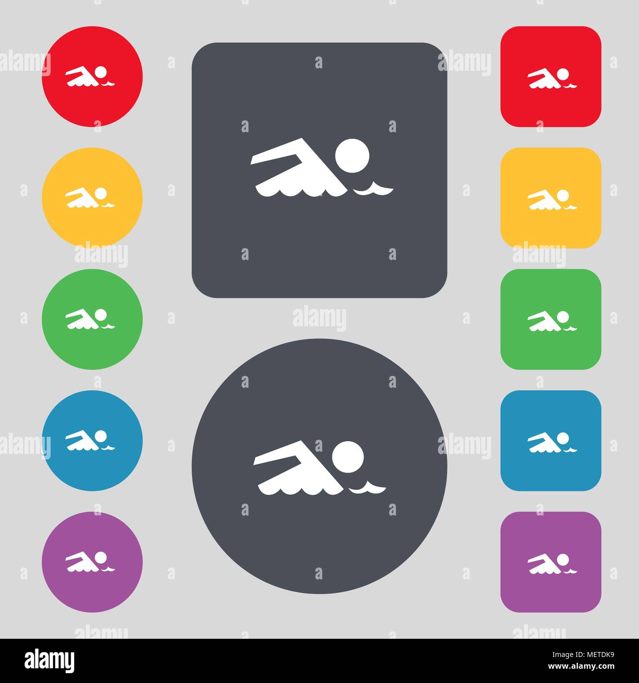 Swimming sign icon. Pool swim symbol. Sea wave. Set colourful buttons ...