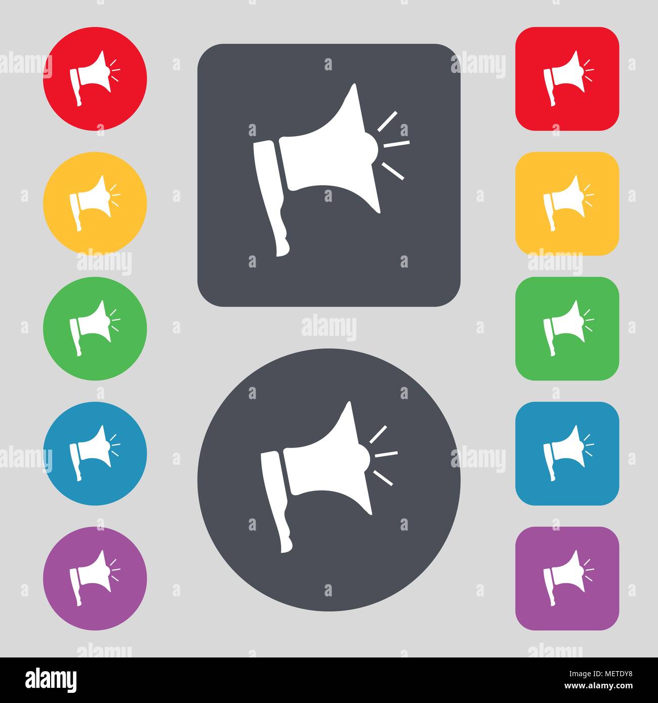Megaphone soon icon. Loudspeaker symbol. Set colur buttons. Vector ...
