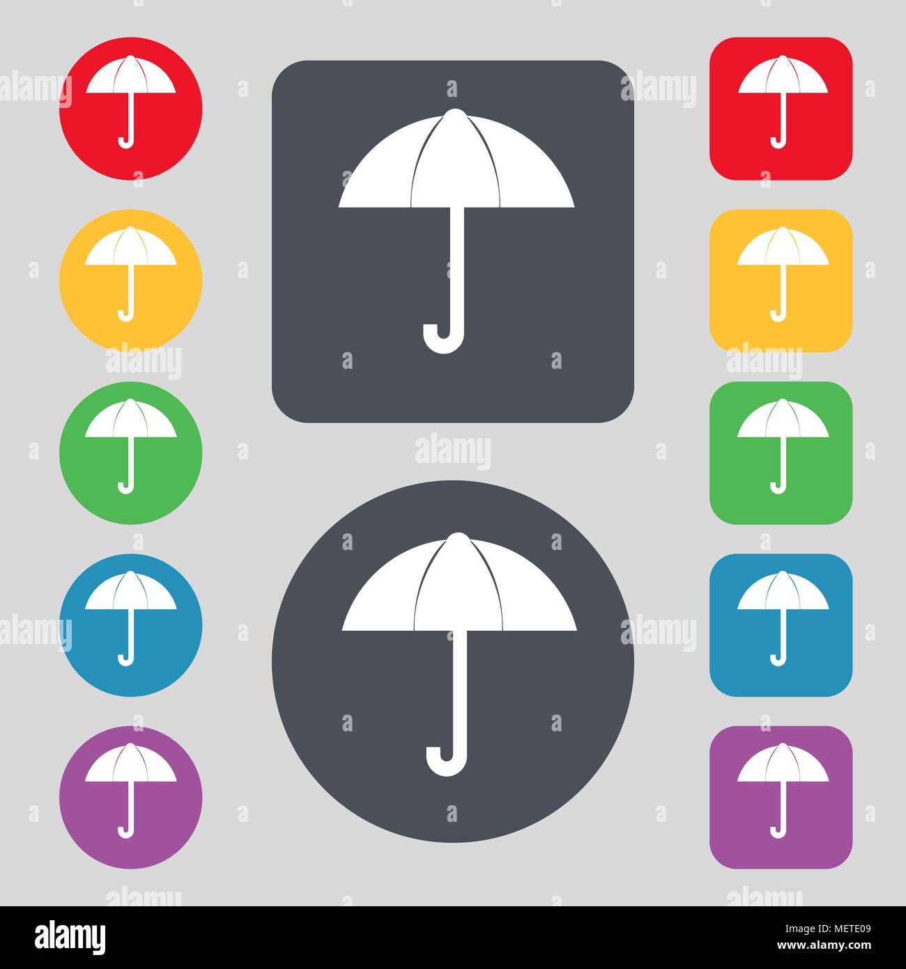 Umbrella sign icon. Rain protection symbol. Set colourful buttons ...