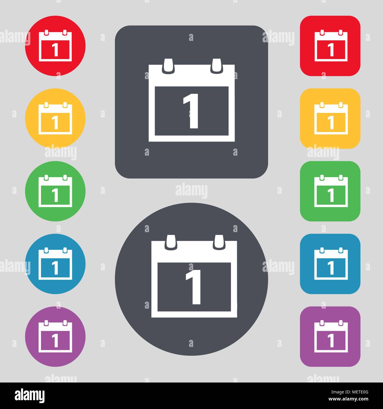 Calendar sign icon. 1 day month symbol. Date button. Set colourful ...