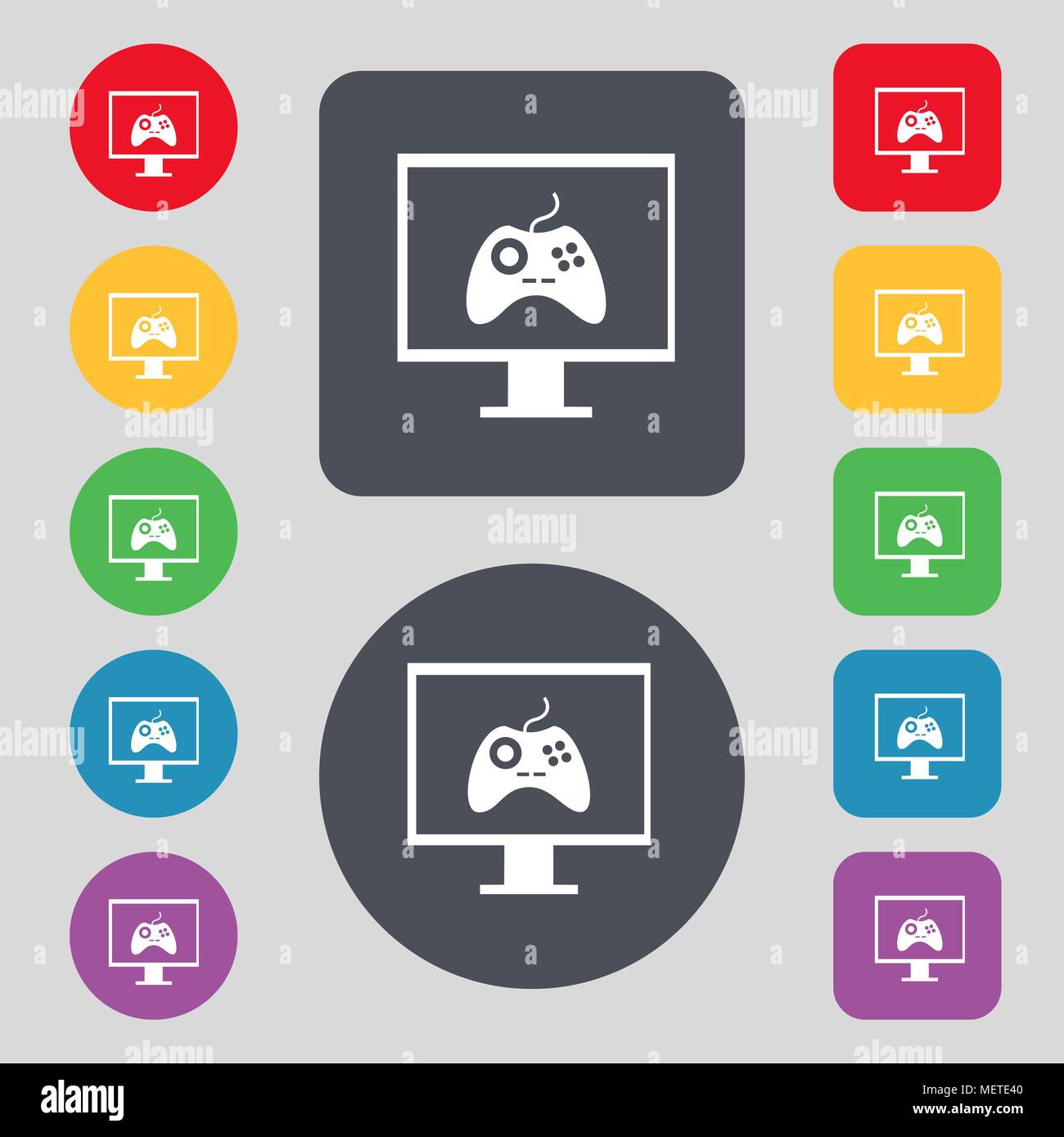 Joystick and monitor sign icon. Video game symbol. Set colourful ...
