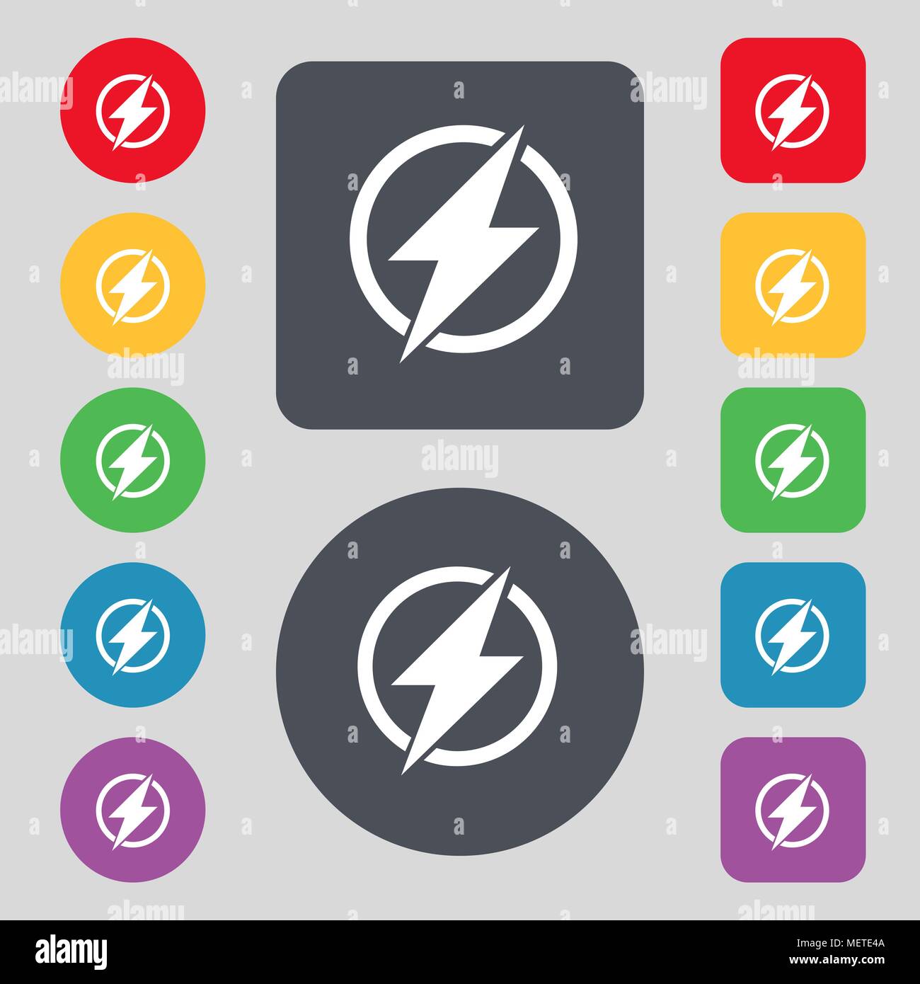 Photo flash sign icon. Lightning symbol. Set of colour buttons. Vector ...