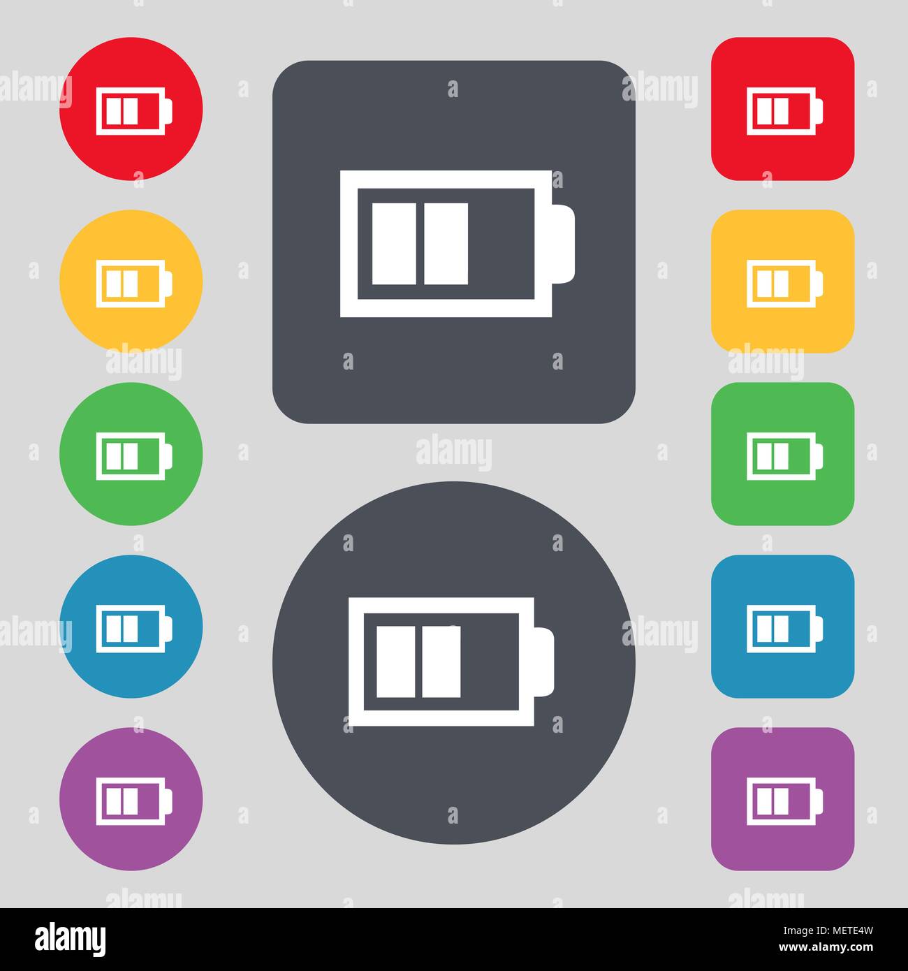 Battery half level sign icon. Low electricity symbol. Set of colour ...