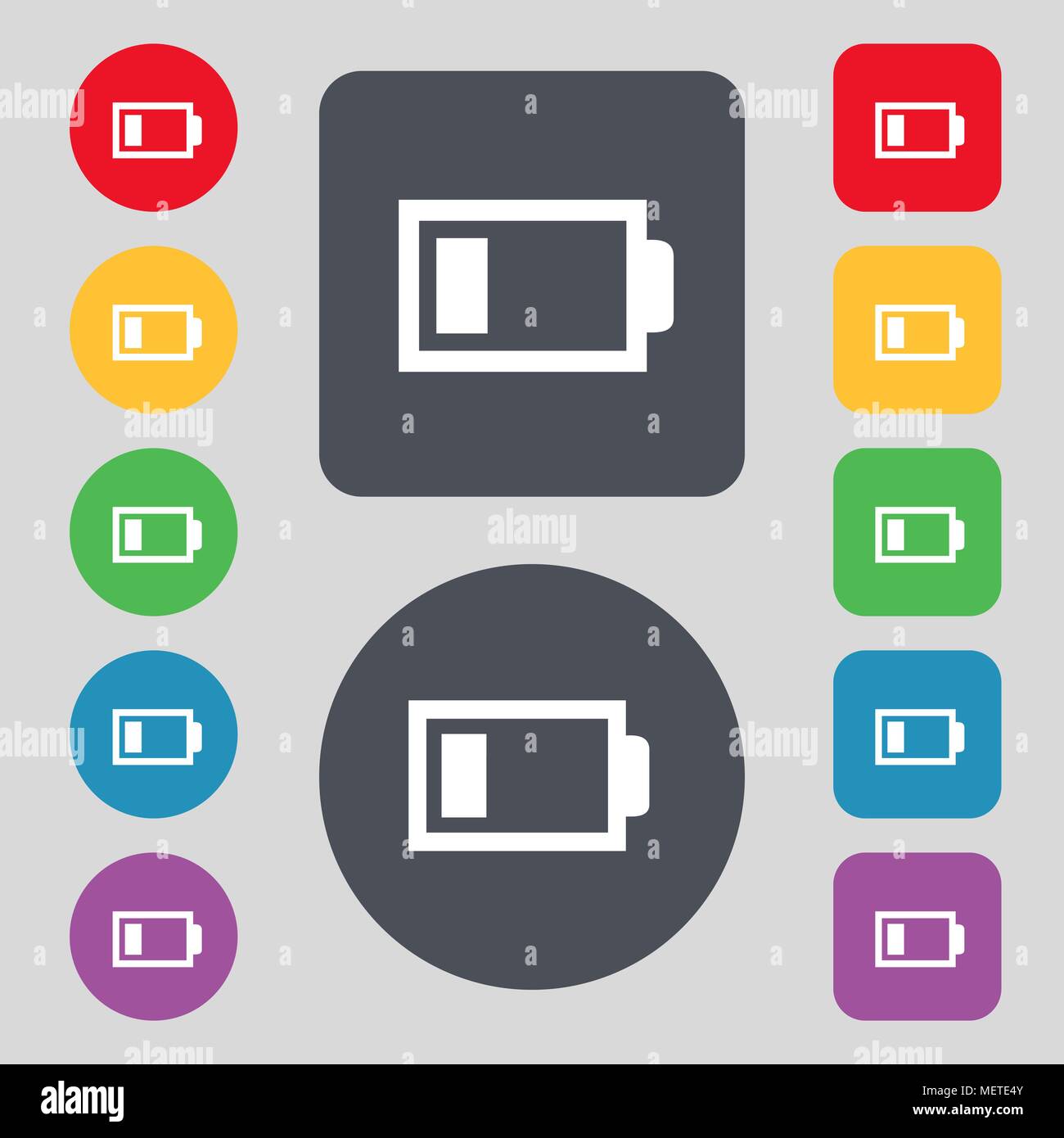 Battery low level sign icon. Electricity symbol. Set of colour buttons ...