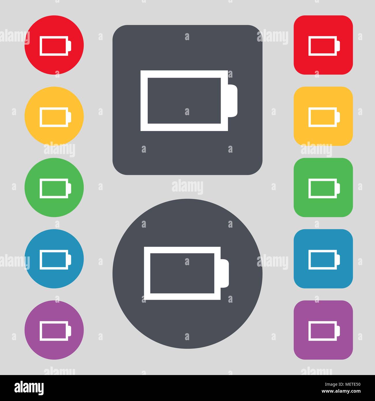 Battery empty sign icon. Low electricity symbol. Set of colour buttons ...