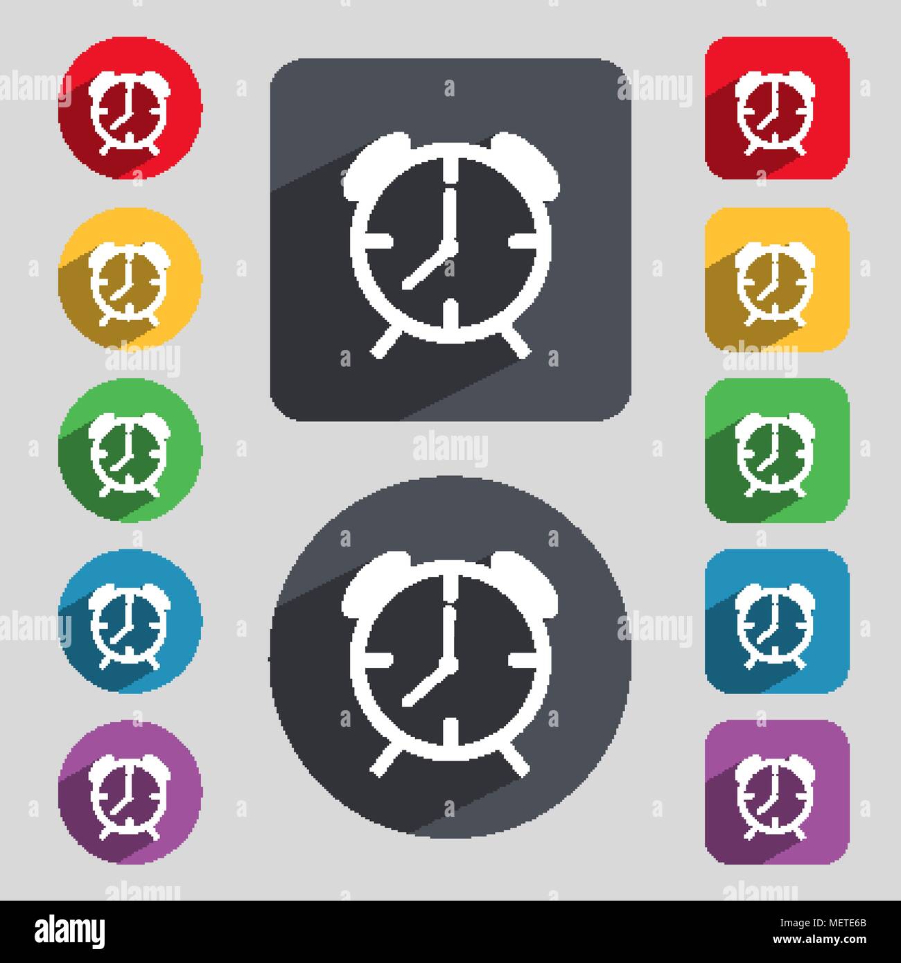 Alarm clock sign icon. Wake up alarm symbol. Set of colourful buttons ...