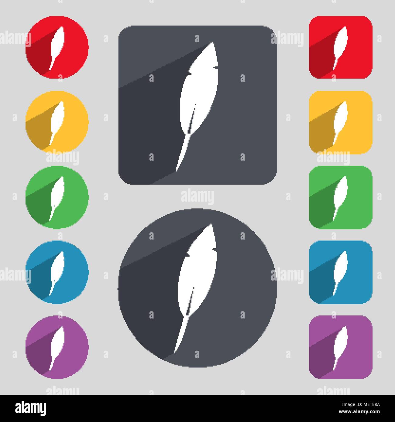 Feather sign icon. Retro pen symbol. Set of colored buttons Vector ...
