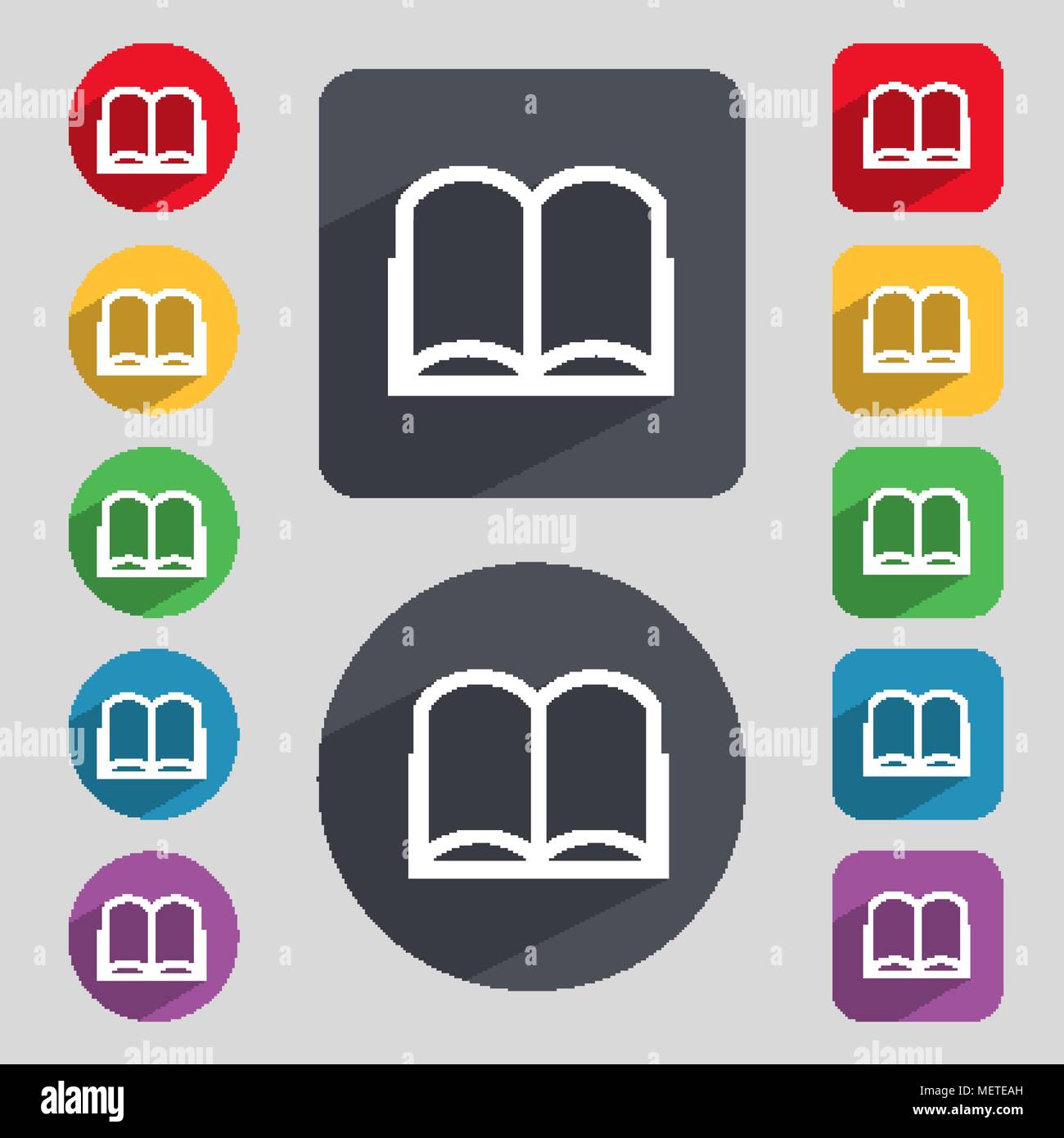Book sign icon. Open book symbol. Set of colored buttons. Vector ...
