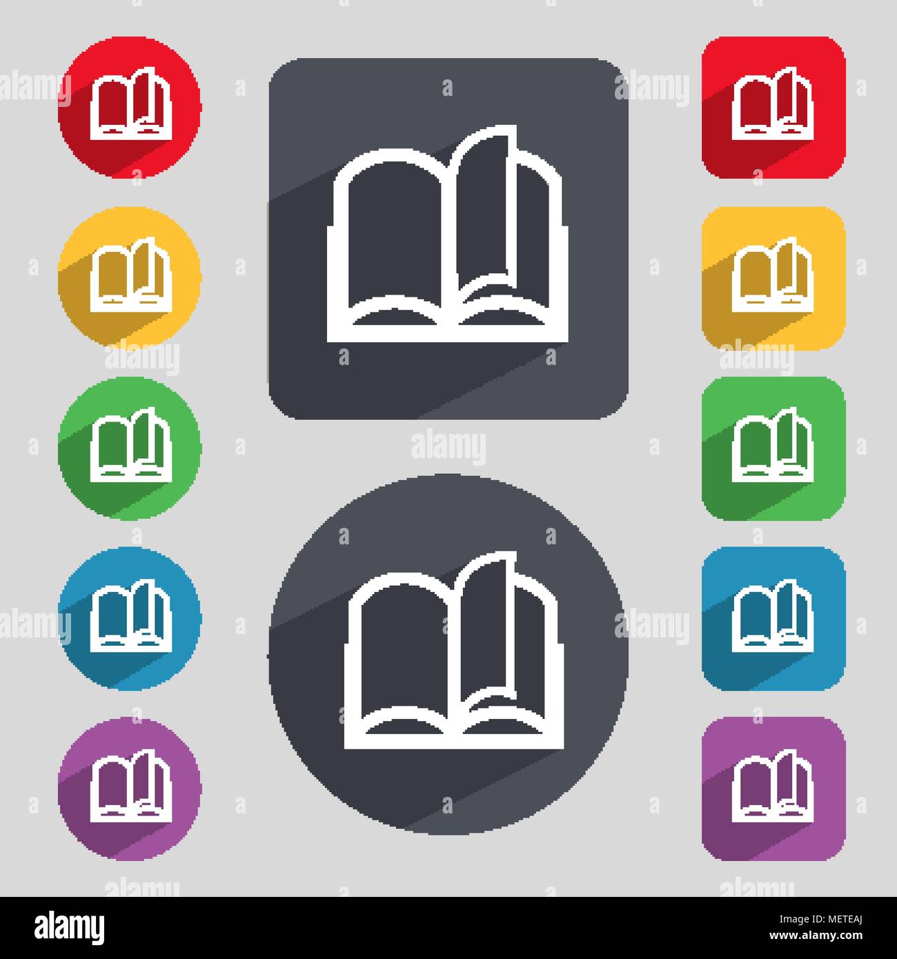Book sign icon. Open book symbol. Set of colored buttons. Vector ...