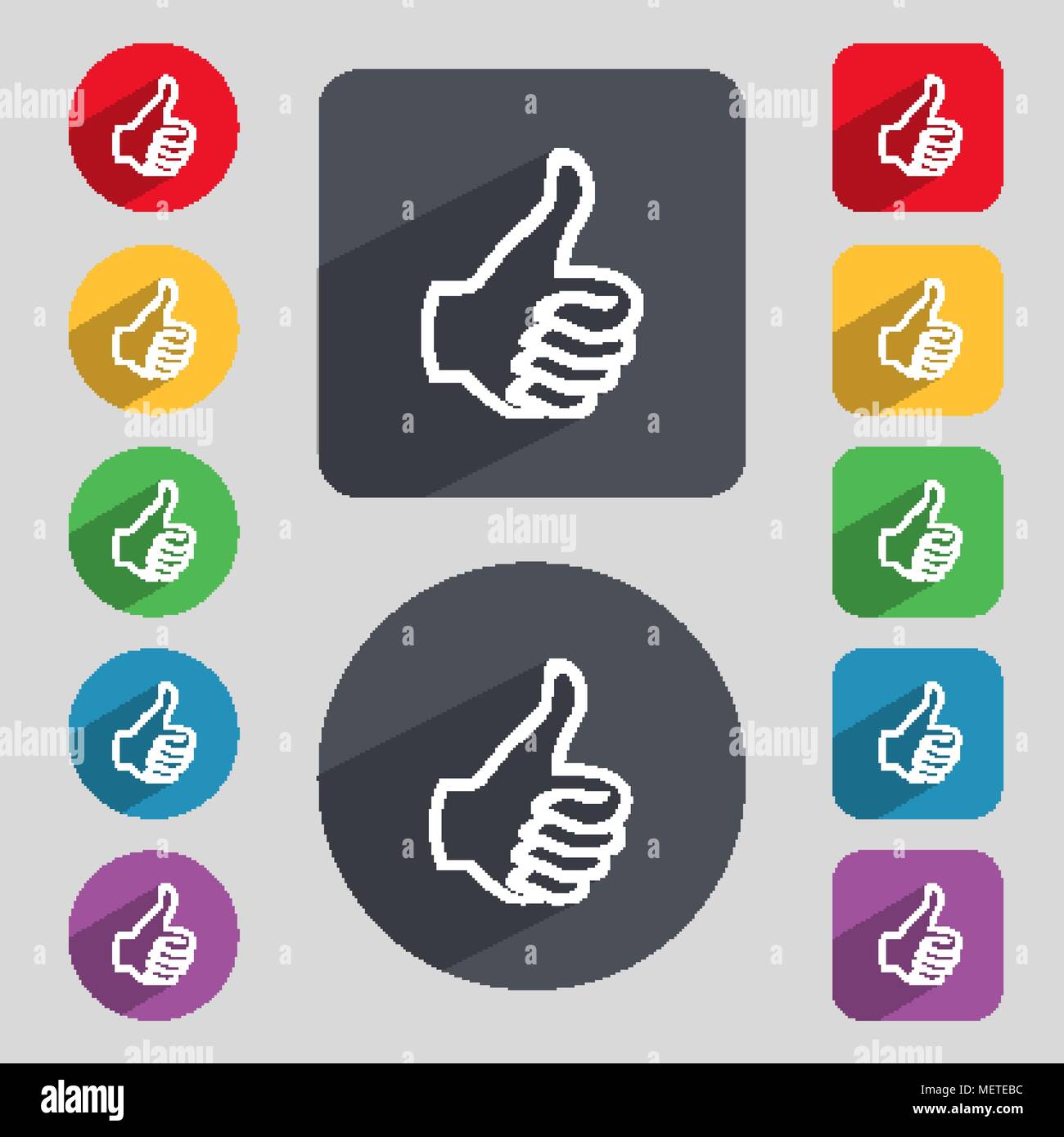Like sign icon. Thumb up sign. Hand finger up. Set of colored buttons ...