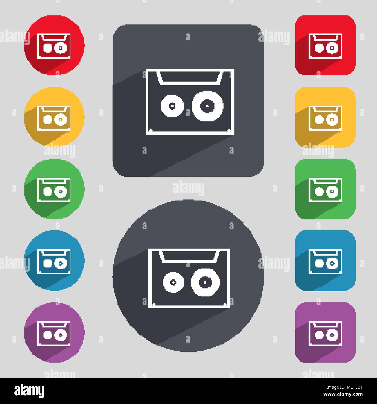 cassette sign icon. Audiocassette symbol. Set of colour buttons. Vector ...