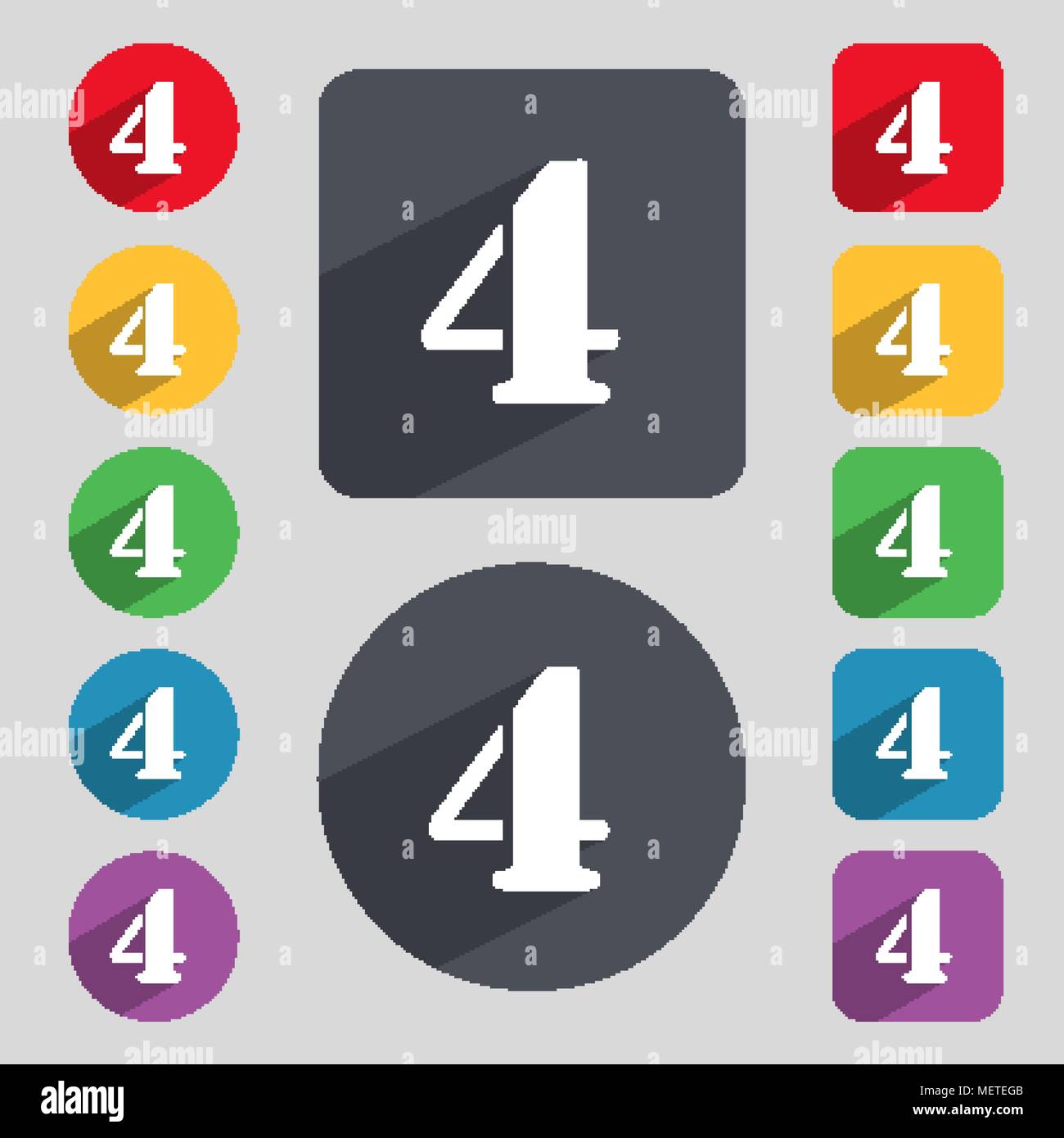 number four icon sign. Set of coloured buttons. Vector illustration ...