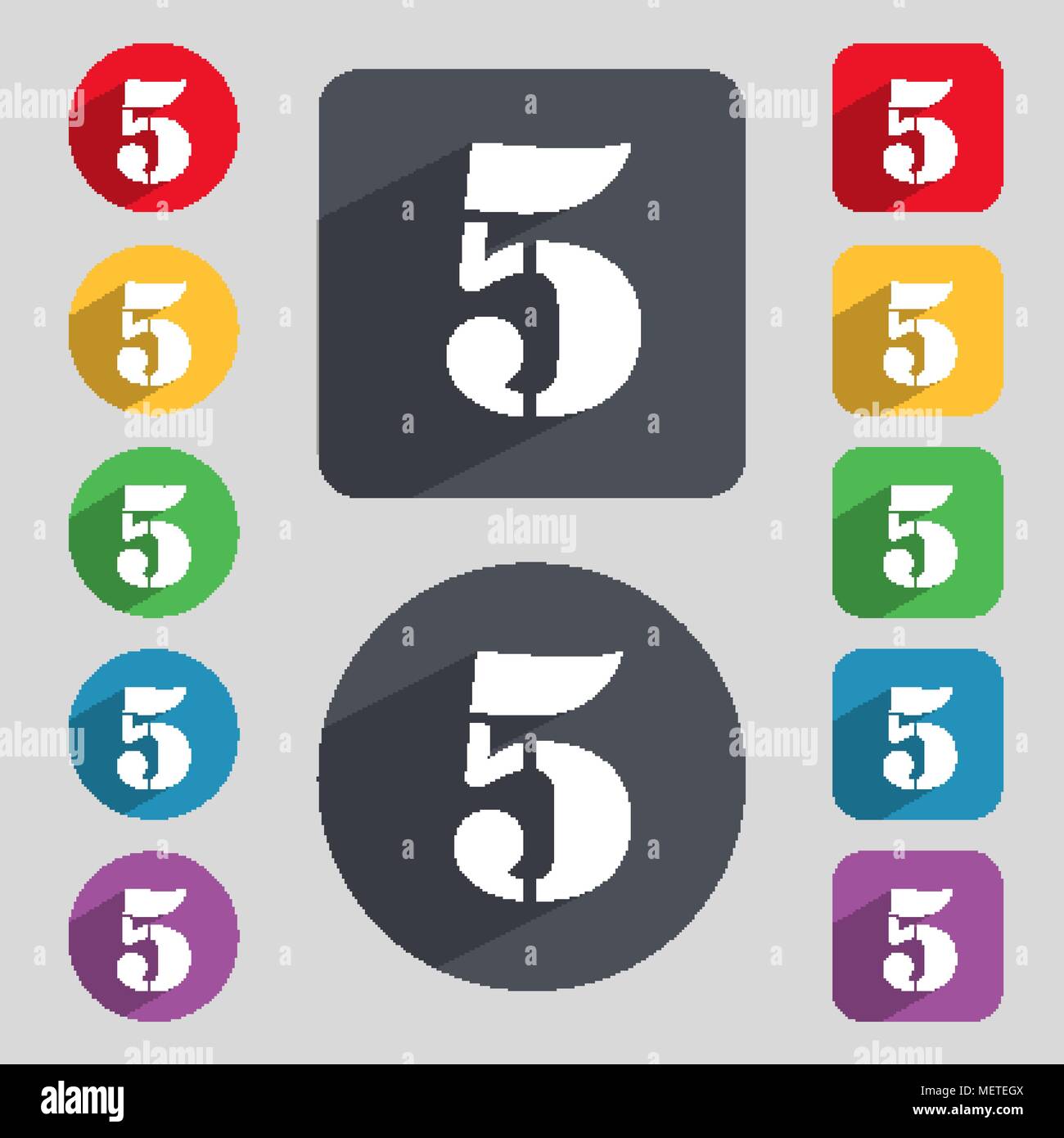 number five icon sign. Set of coloured buttons. Vector illustration ...