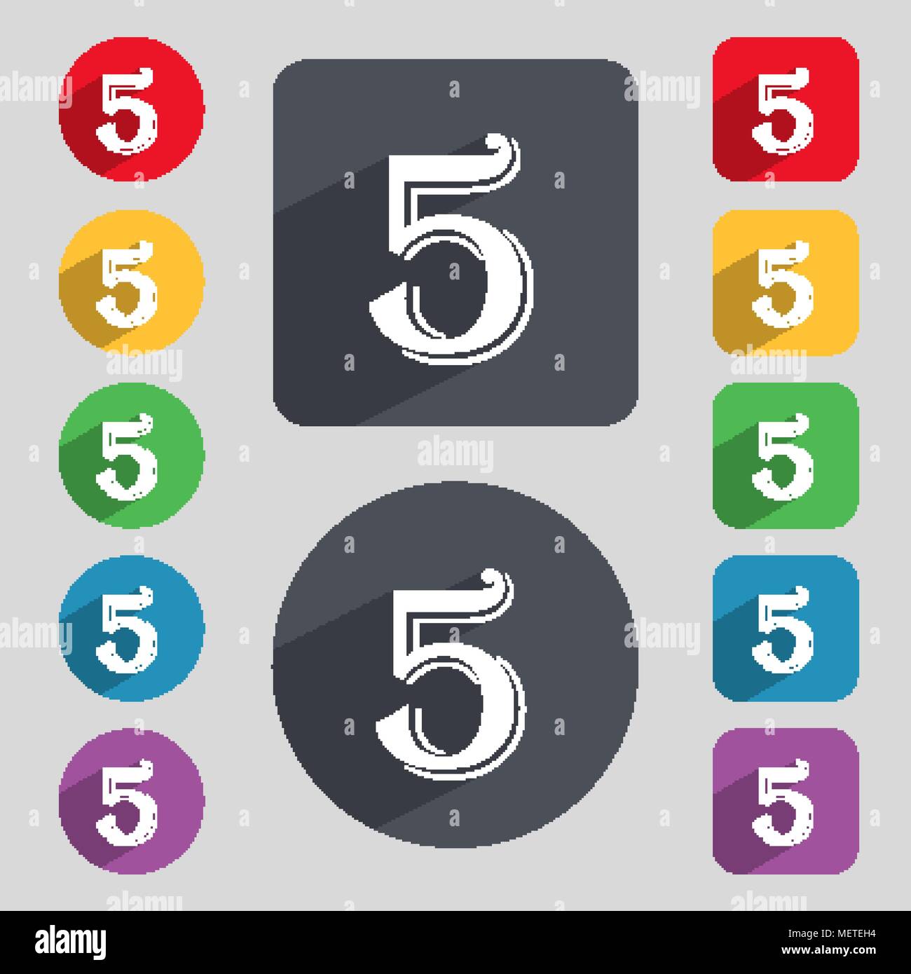 number five icon sign. Set of coloured buttons. Vector illustration ...