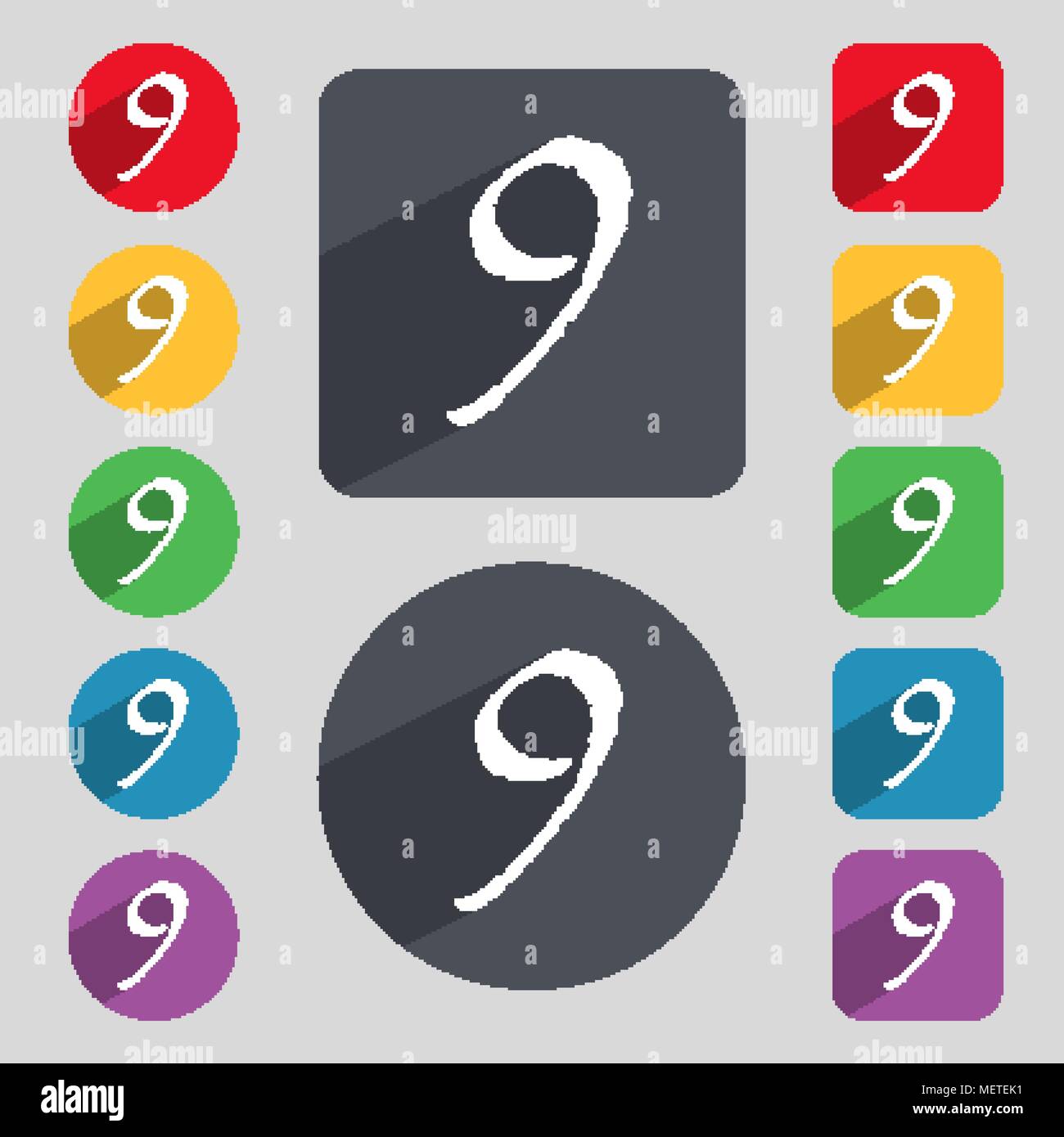 number Nine icon sign. Set of coloured buttons. Vector illustration ...
