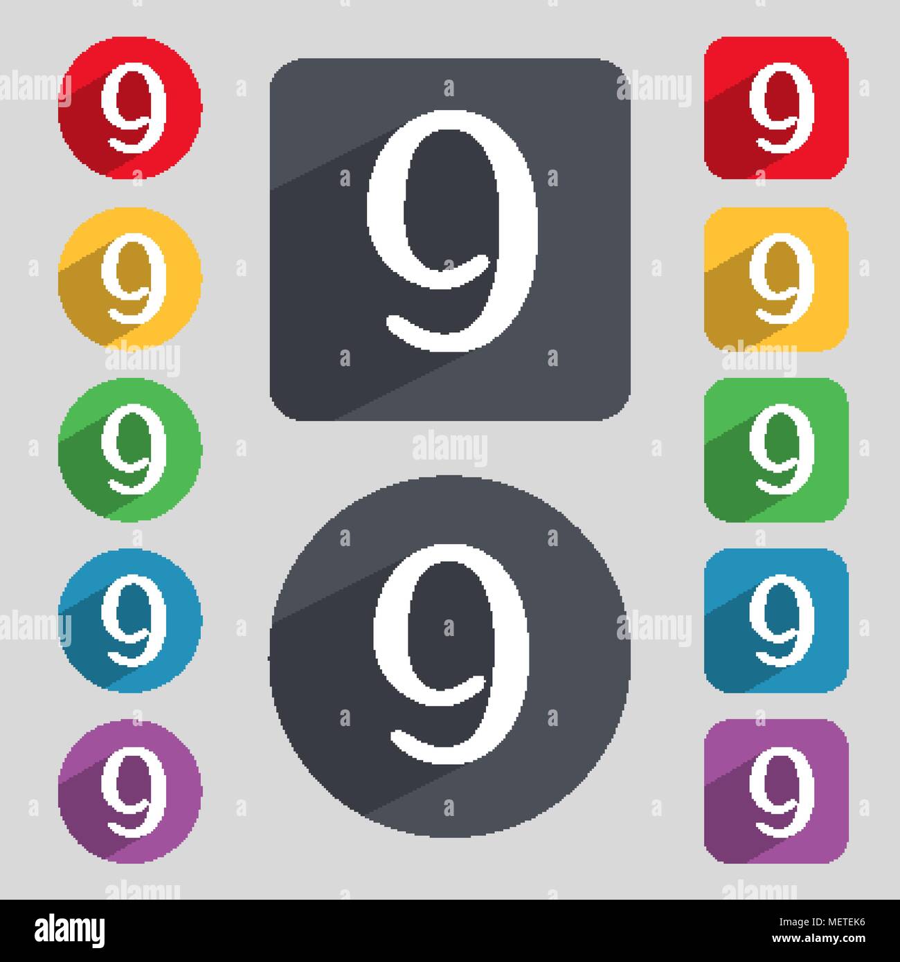 number Nine icon sign. Set of coloured buttons. Vector illustration ...