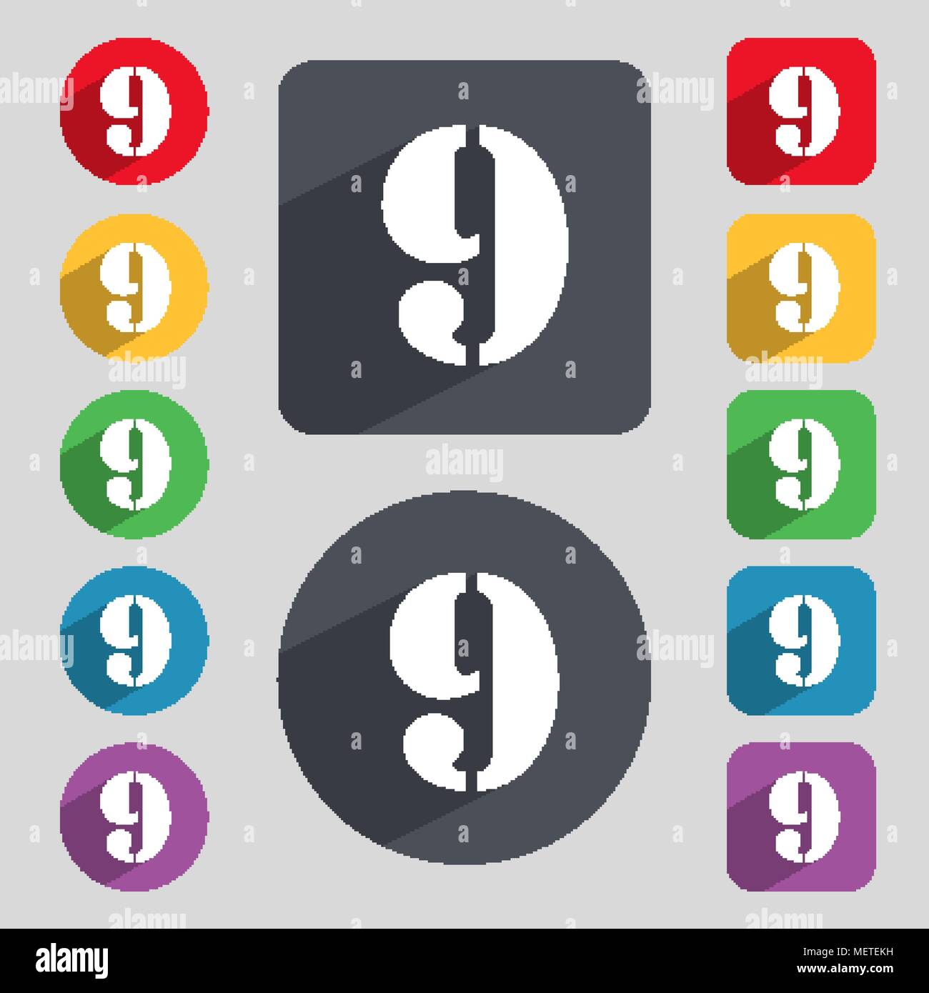 number Nine icon sign. Set of coloured buttons. Vector illustration ...