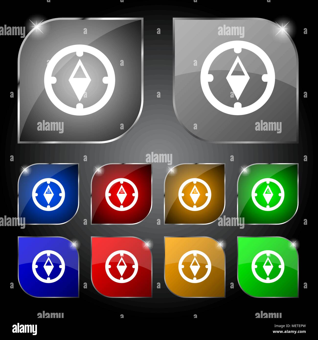 Compass sign icon. Windrose navigation symbol. Set colourful buttons ...