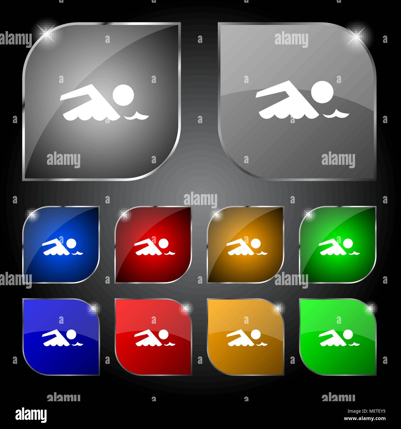 Swimming sign icon. Pool swim symbol. Sea wave. Set colourful buttons ...