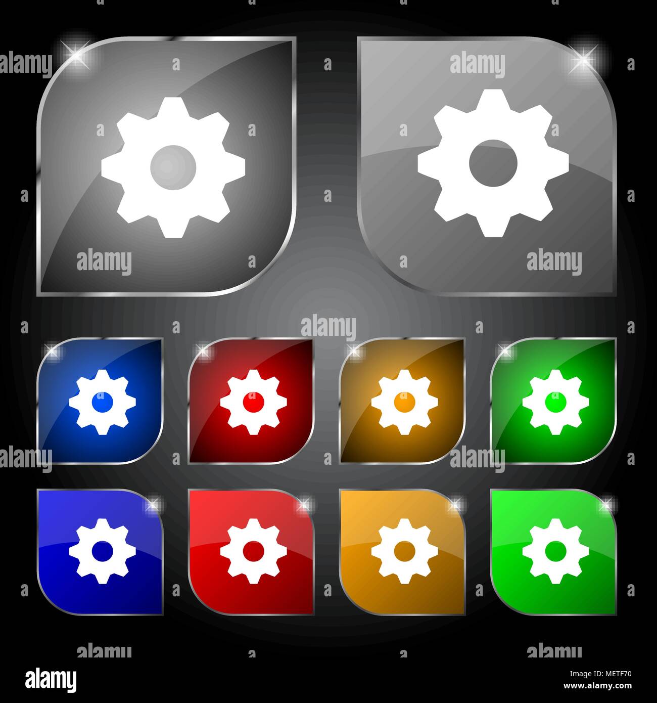 Cog settings sign icon. Cogwheel gear mechanism symbol. Set colourful buttons. Vector ...