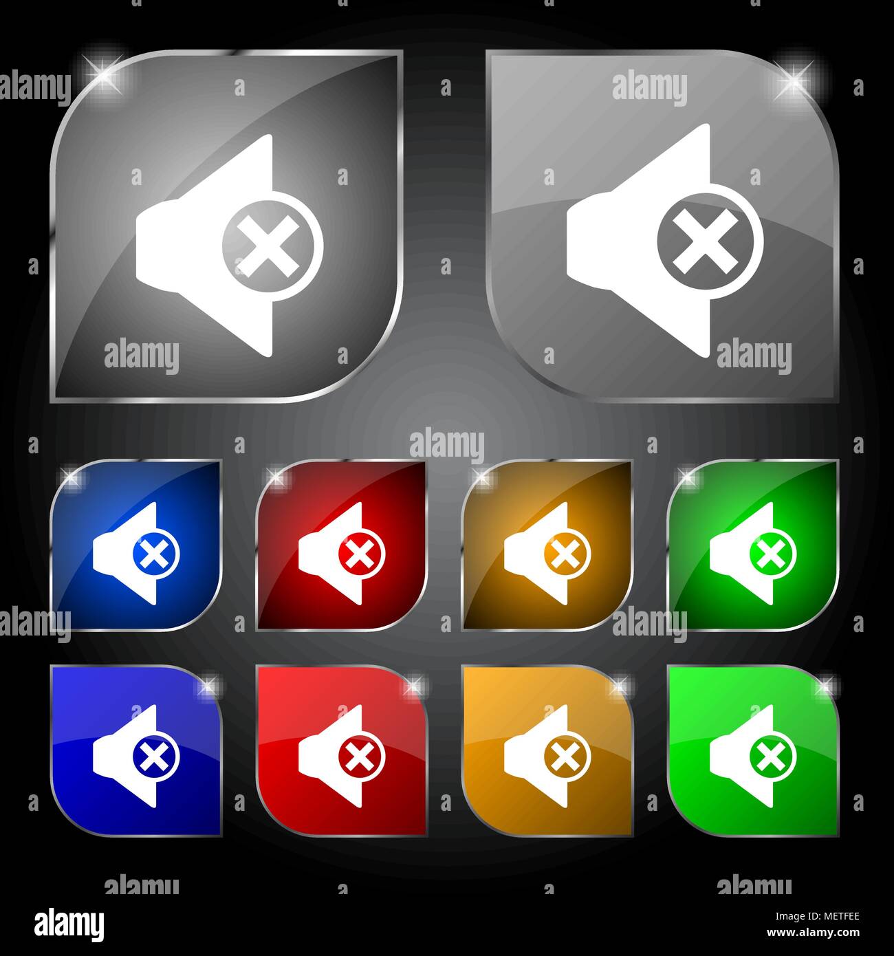 Mute speaker sign icon. Sound symbol. Set of colourful buttons. Vector ...