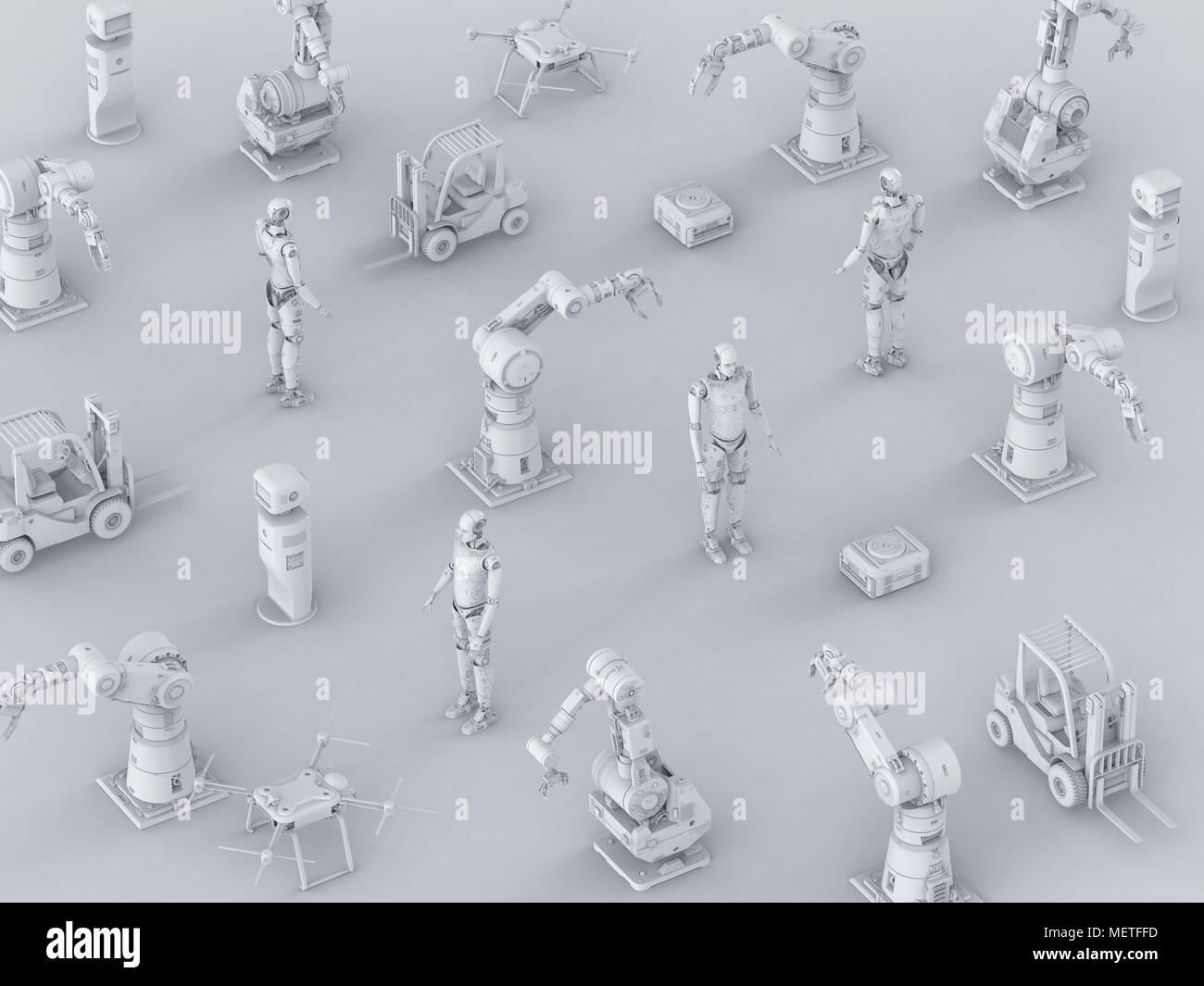 3d rendering isometric cyborg with warehouse robot and robotic arm ...