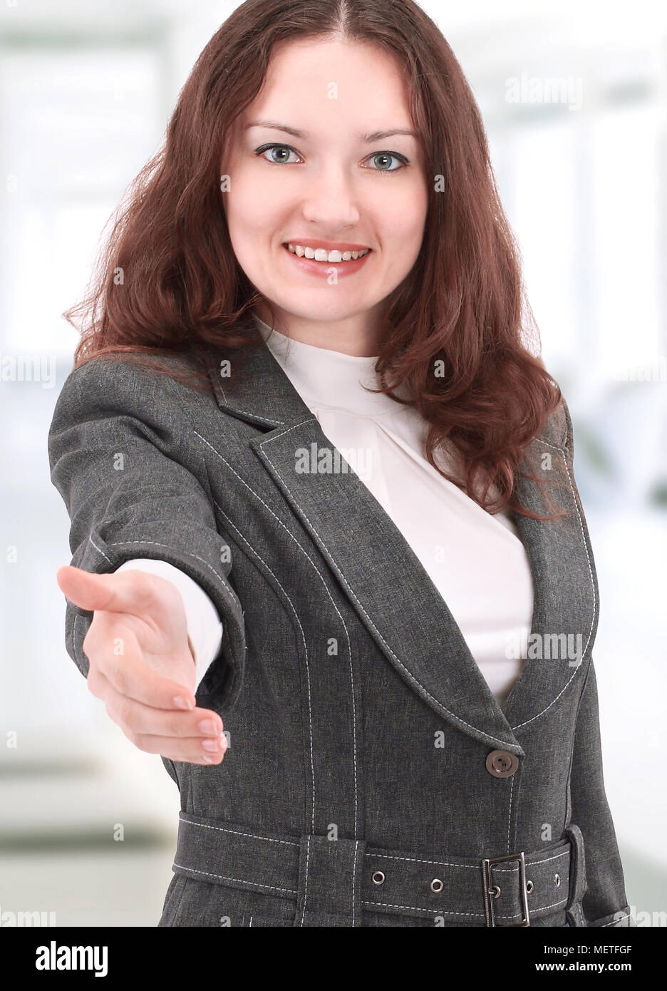 lovely woman with an open hand ready for handshake Stock Photo - Alamy
