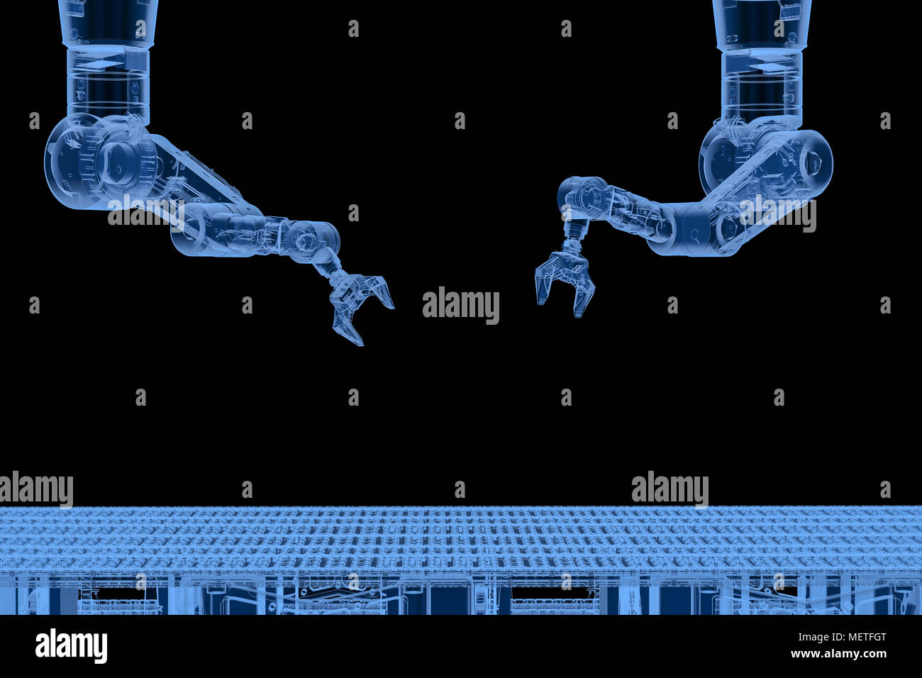 3d rendering x-ray robot arms with conveyor line Stock Photo - Alamy