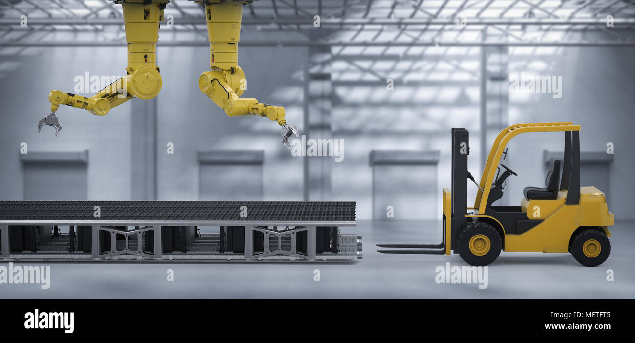 3d rendering robot arm with forklift truck and conveyor belt Stock ...