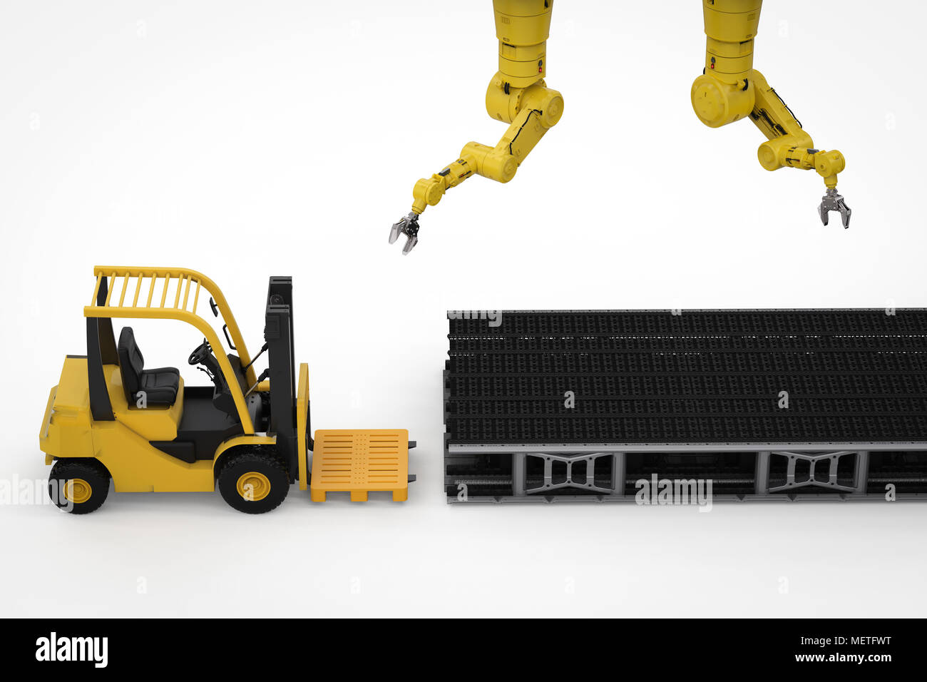 3d rendering robot arm with forklift truck and conveyor belt Stock ...