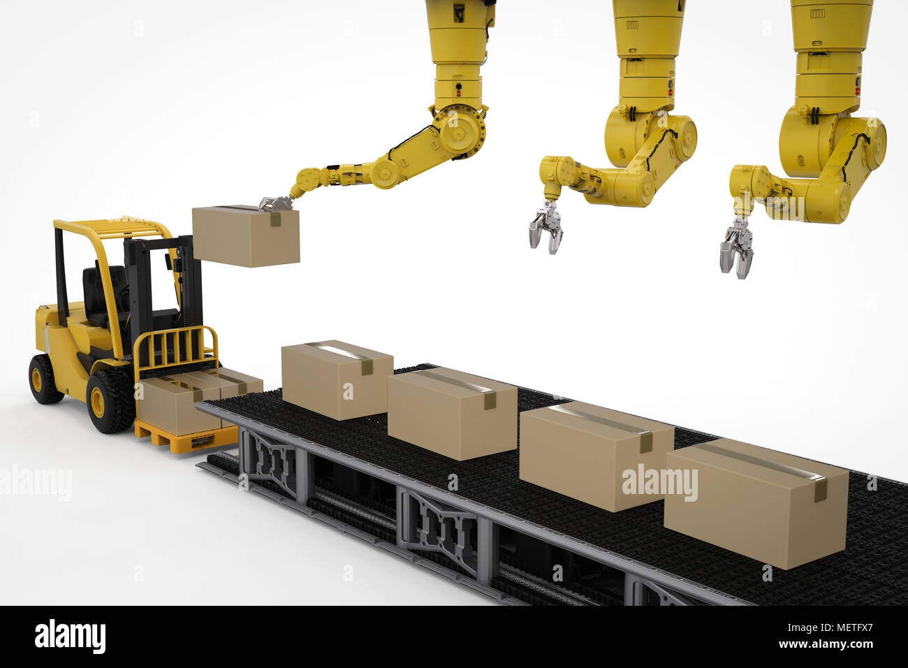 3d rendering forklift truck with robot arm and cardboard boxes Stock ...