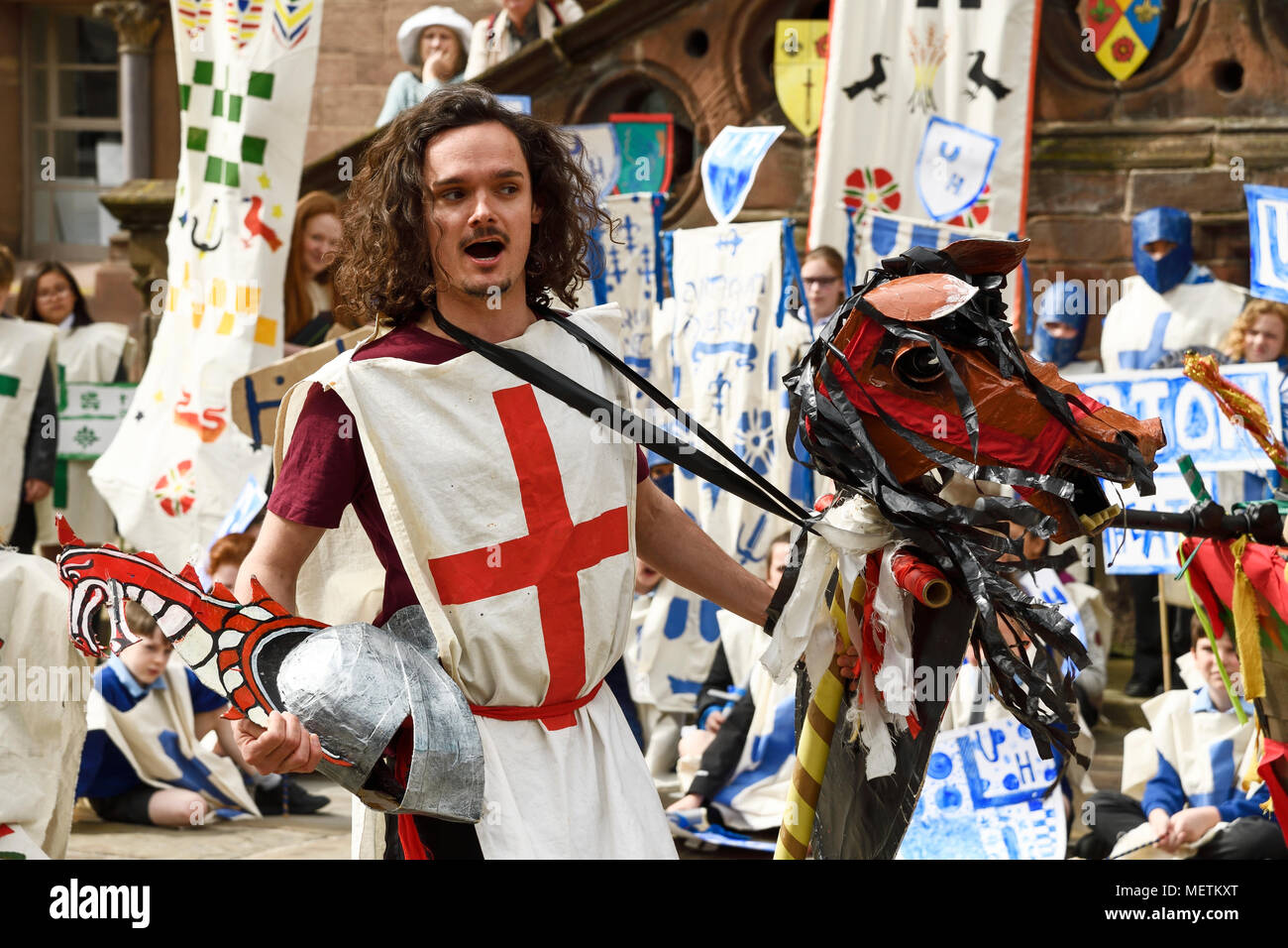 Chester, UK. 23rd April 2018. Phil Cross playing St George performs in ...