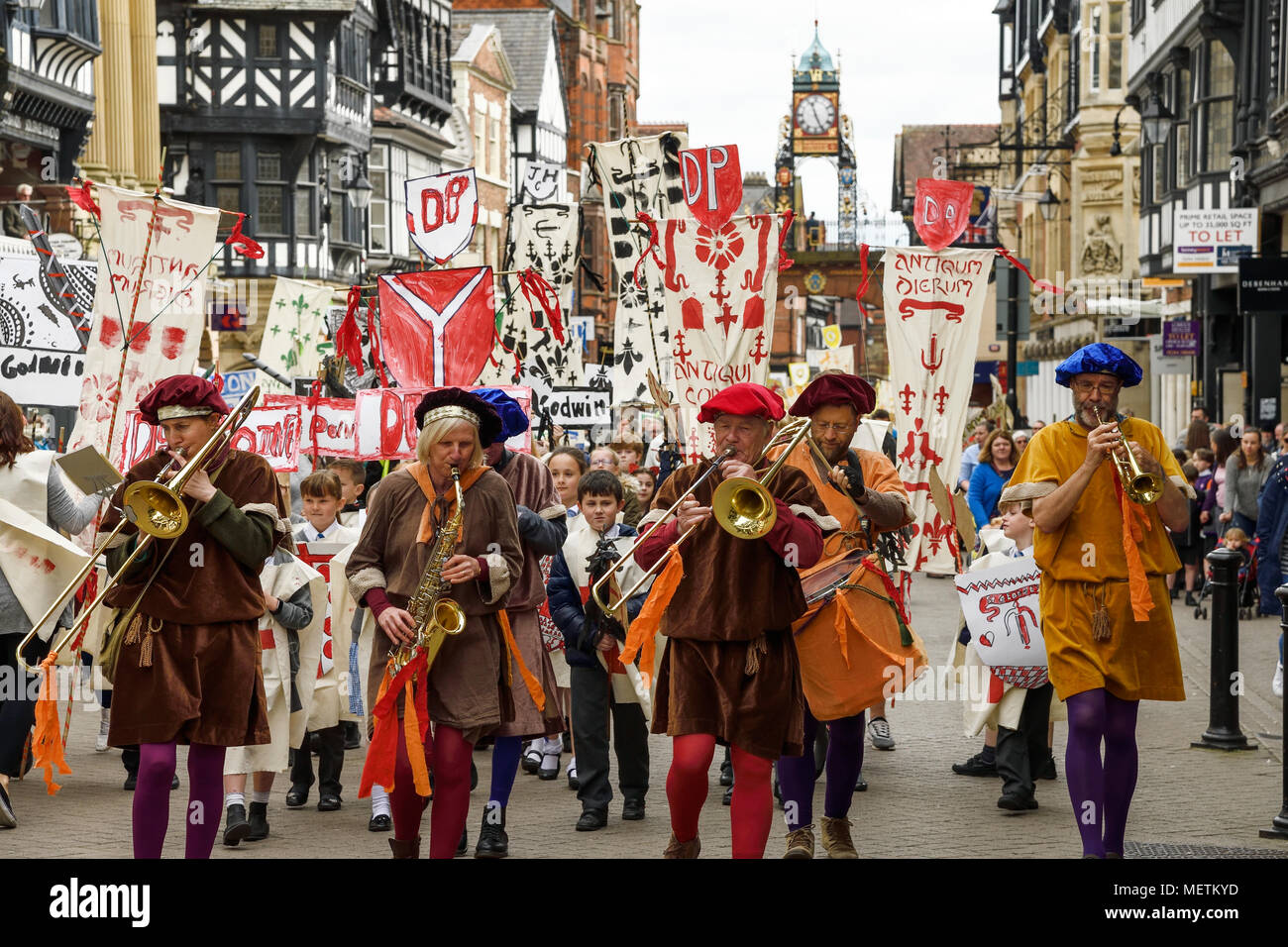 Chester, UK. 23rd April 2018. Musicians lead the St George's Day parade ...