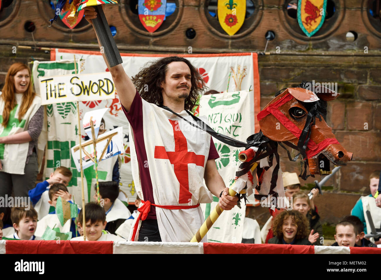 Chester, UK. 23rd April 2018. Phil Cross playing St George performs in ...