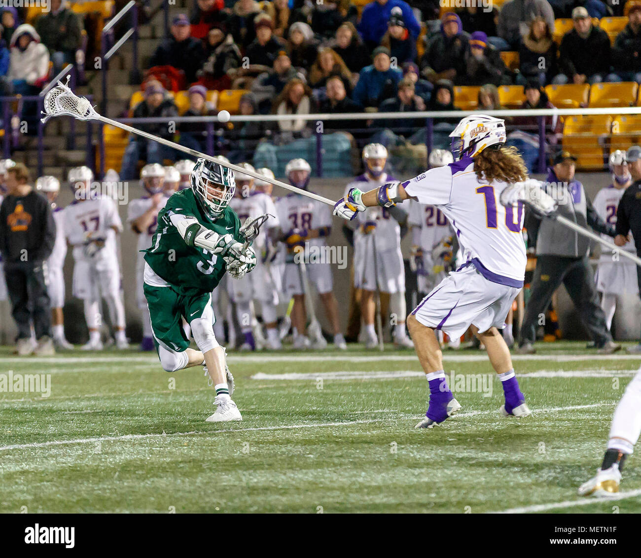 Albany, NY, USA. 20th Apr, 2018. Thomas McAndrew (#3) shoots past Troy ...
