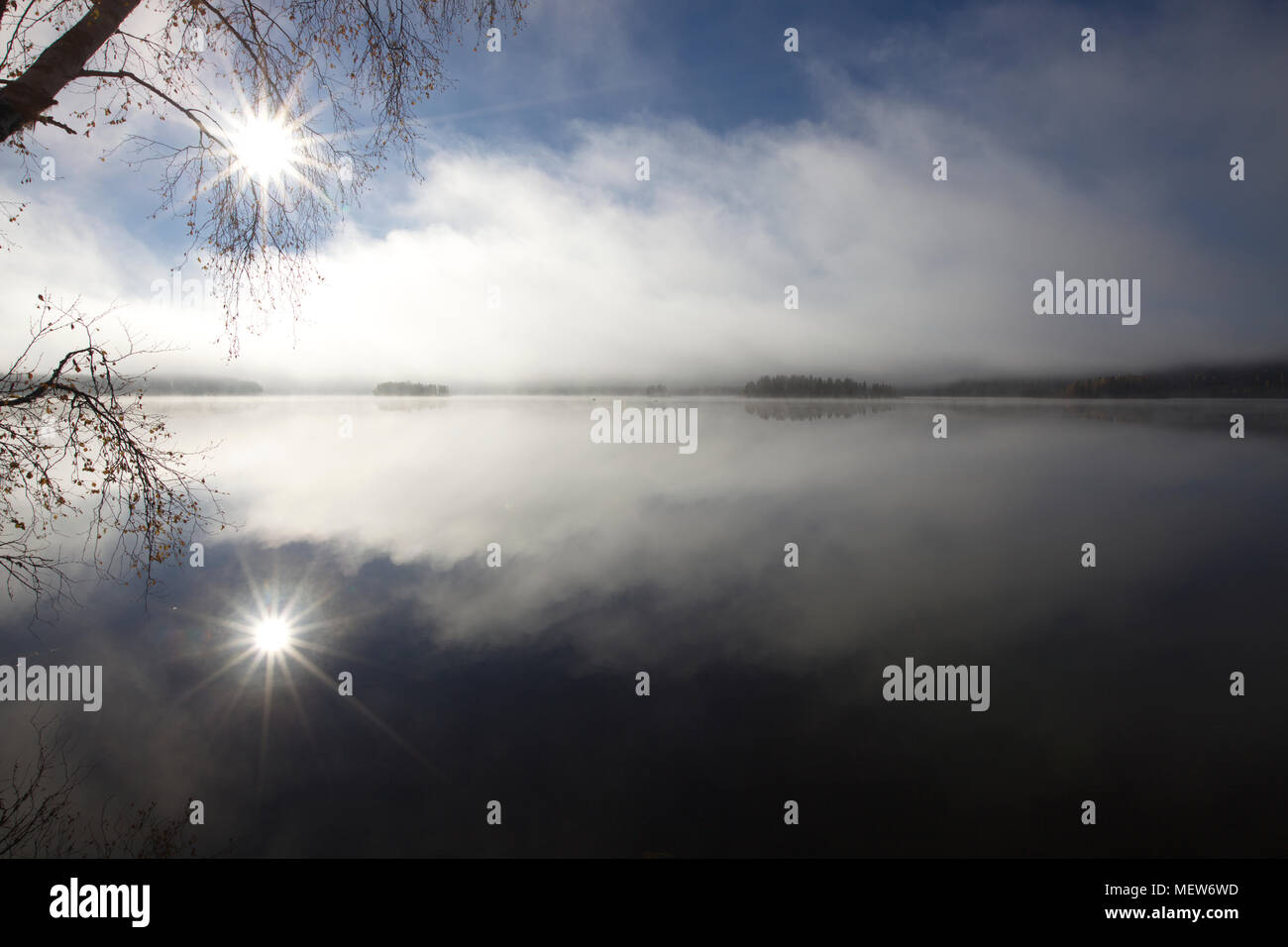 The rising sun is shining through mist rising from a lake in autumn ...