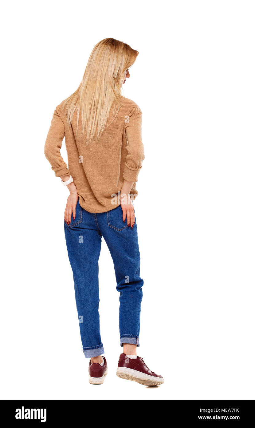 Back view of a woman standing. girl watching. Rear view people ...