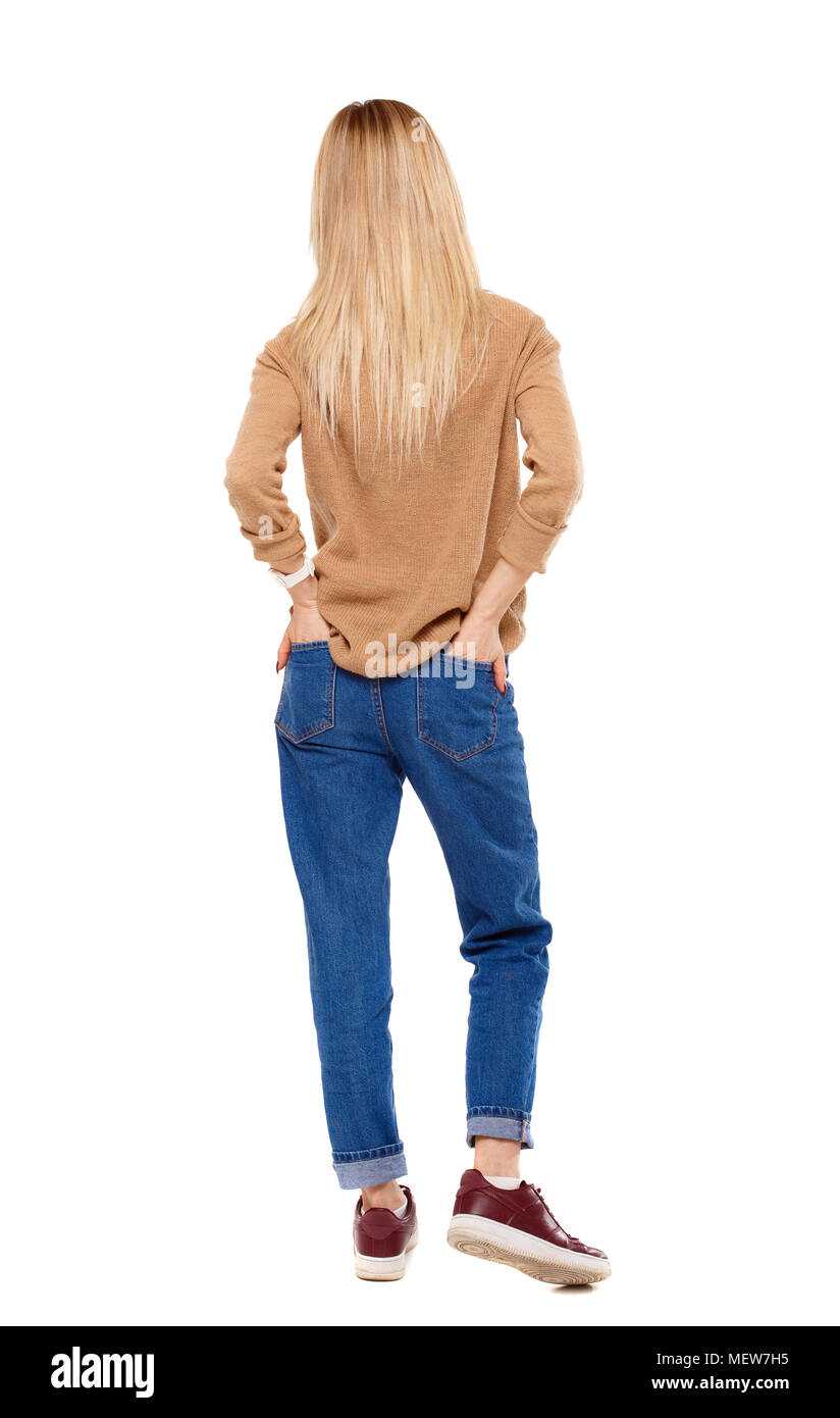 Back view of a woman standing. girl watching. Rear view people ...