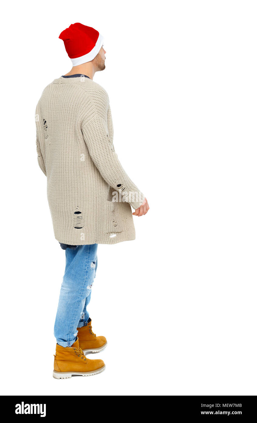 Back view of a man in a Christmas hat. Rear view people collection ...