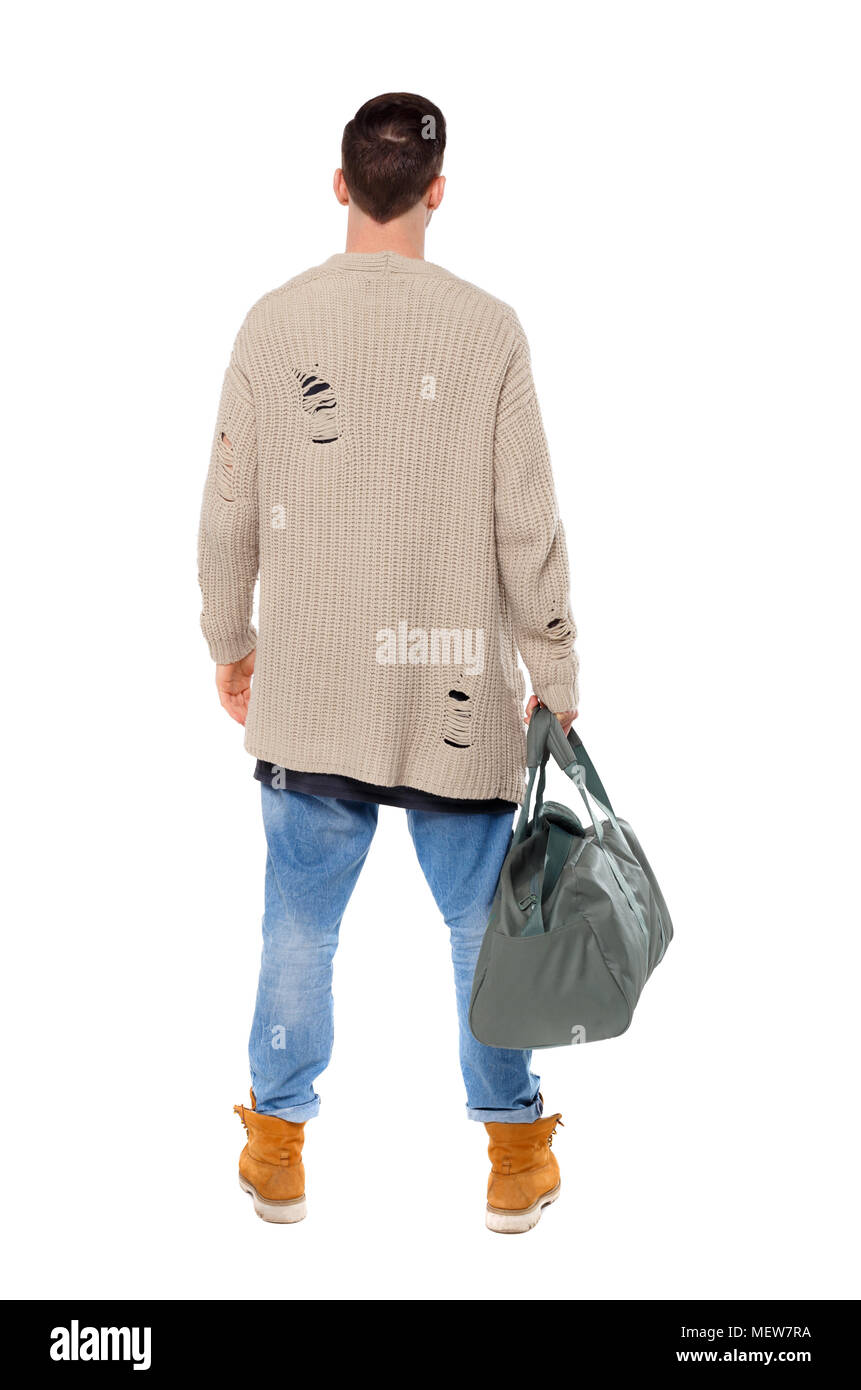 Back view of a man with a green bag. backside view of person. Rear view ...