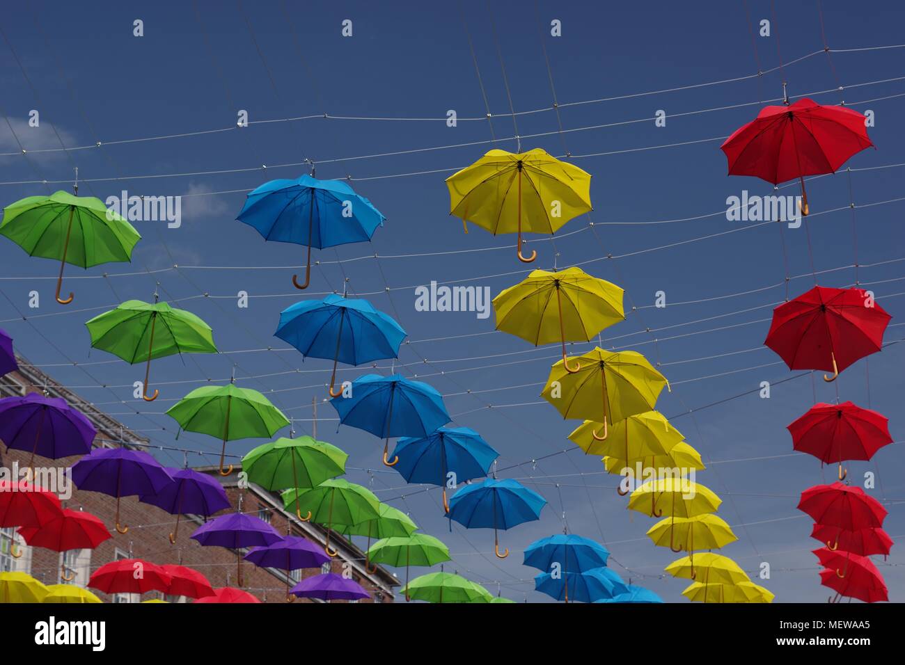 Colourful Spring Umbrellas of Exeter High Street. April, 2018. Devon ...