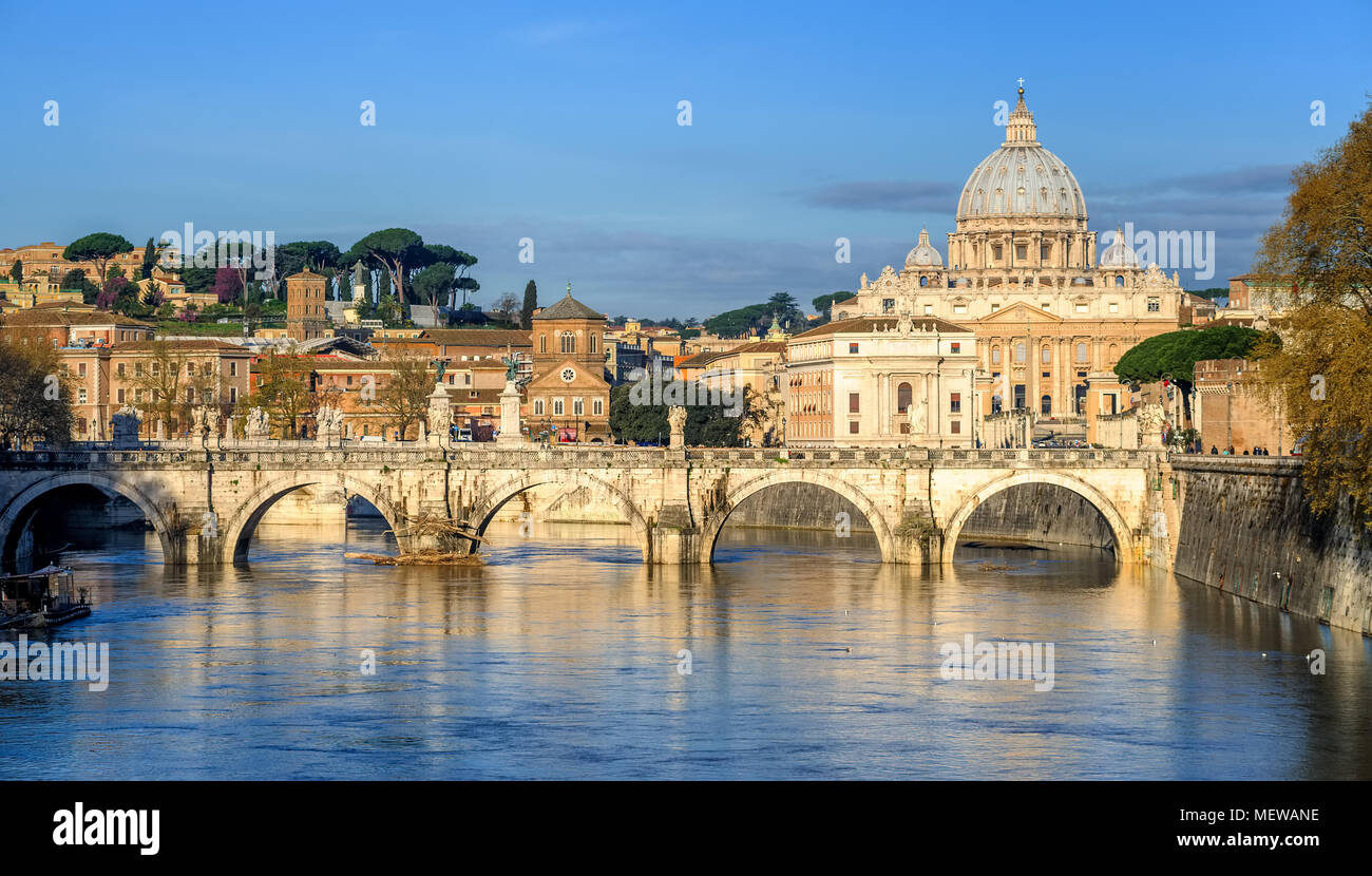 St Peter Basilica in Vatican and Ponte Sant'Angelo bridge over Tiber ...