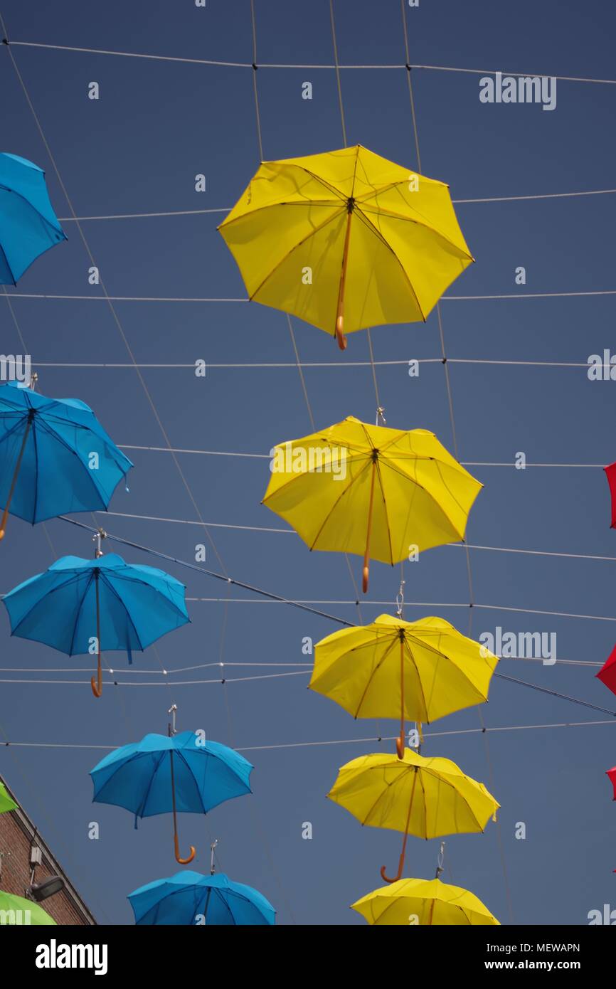 Colourful Spring Umbrellas of Exeter High Street. April, 2018. Devon ...