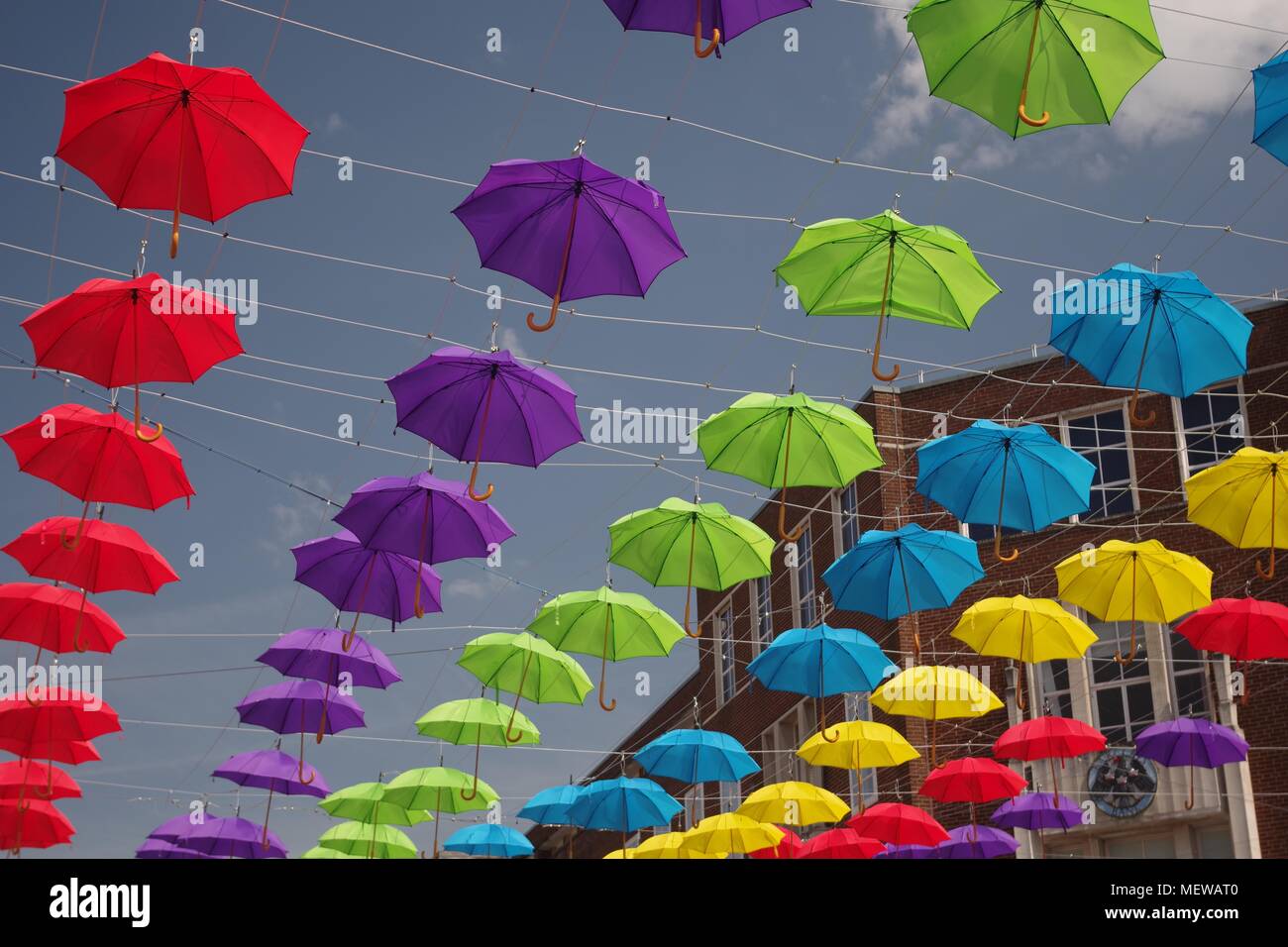 Colourful Spring Umbrellas of Exeter High Street. April, 2018. Devon ...