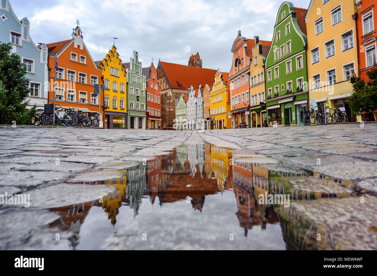 Traditional colorful gothic houses in the Old Town of Landshut ...