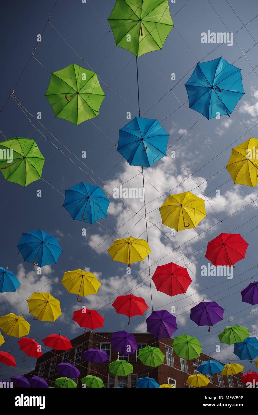 Colourful Spring Umbrellas of Exeter High Street. April, 2018. Devon ...