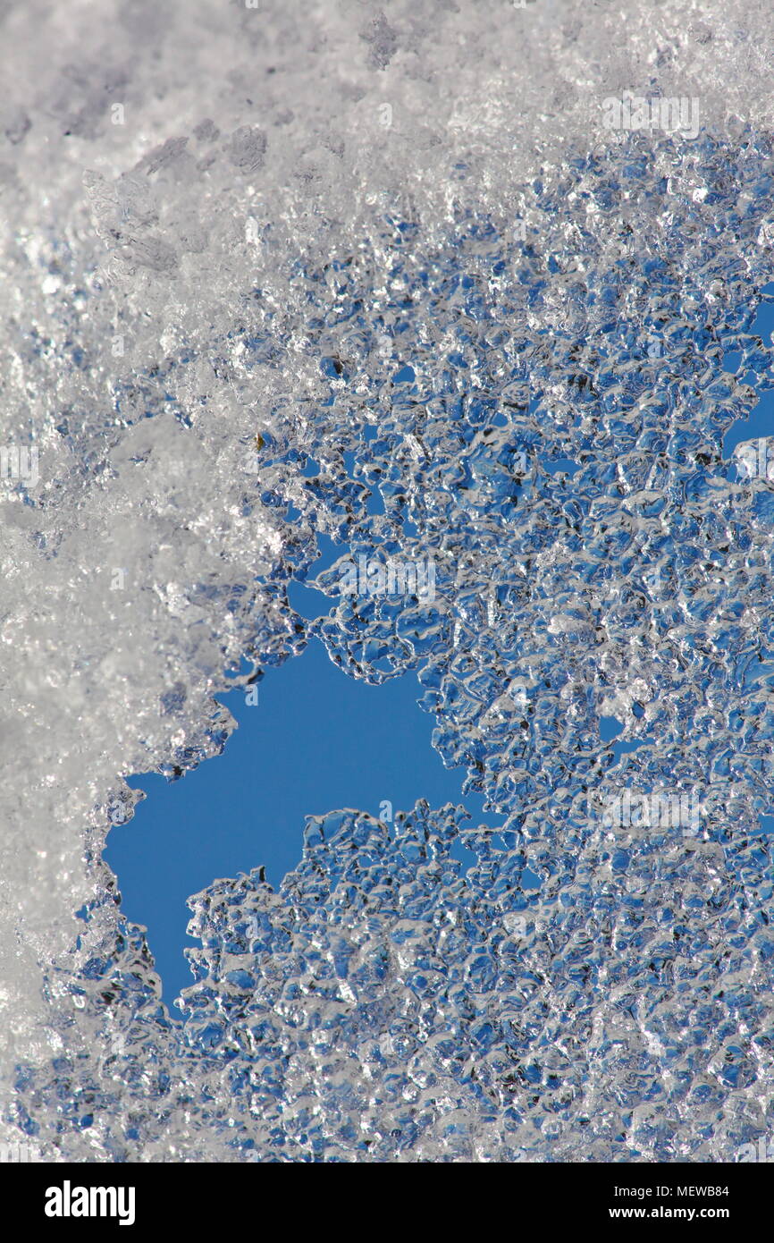 Close up of snow that has melted in the spring sunshine until only a ...