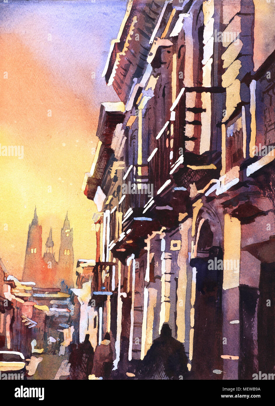 Watercolor painting of Basilica at sunset in city of Quito, Ecuador ...