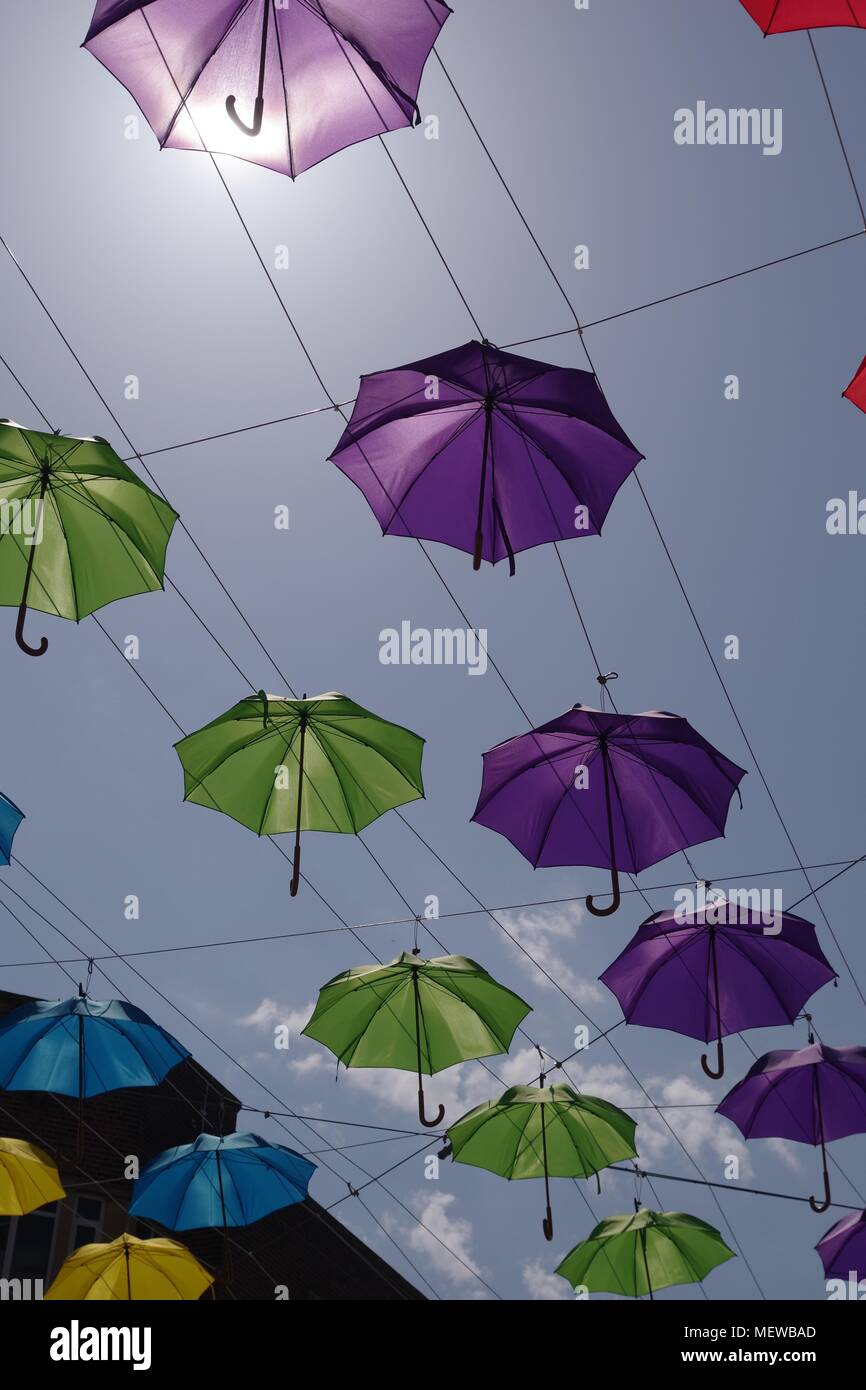 Colourful Spring Umbrellas of Exeter High Street. April, 2018. Devon ...