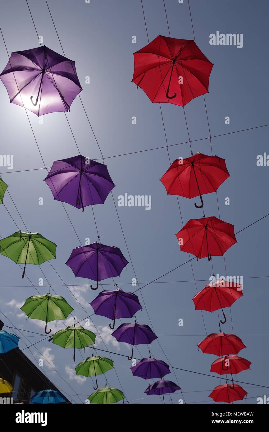 Colourful Spring Umbrellas of Exeter High Street. April, 2018. Devon ...